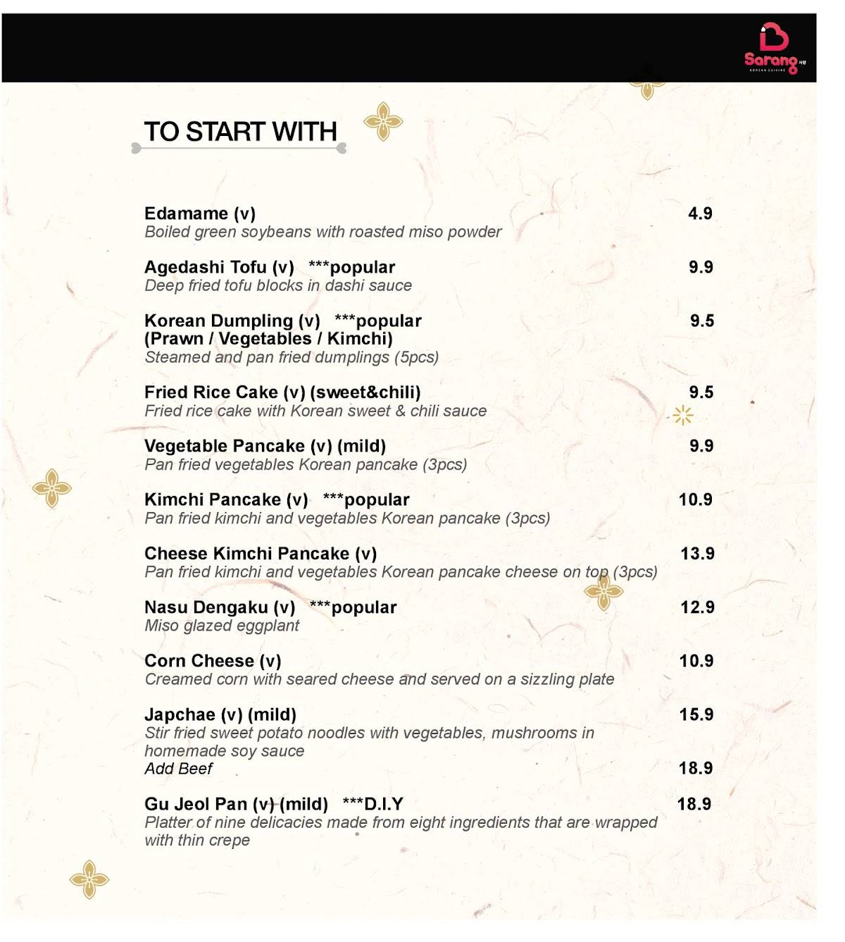 Menu at Sarang restaurant, South Yarra