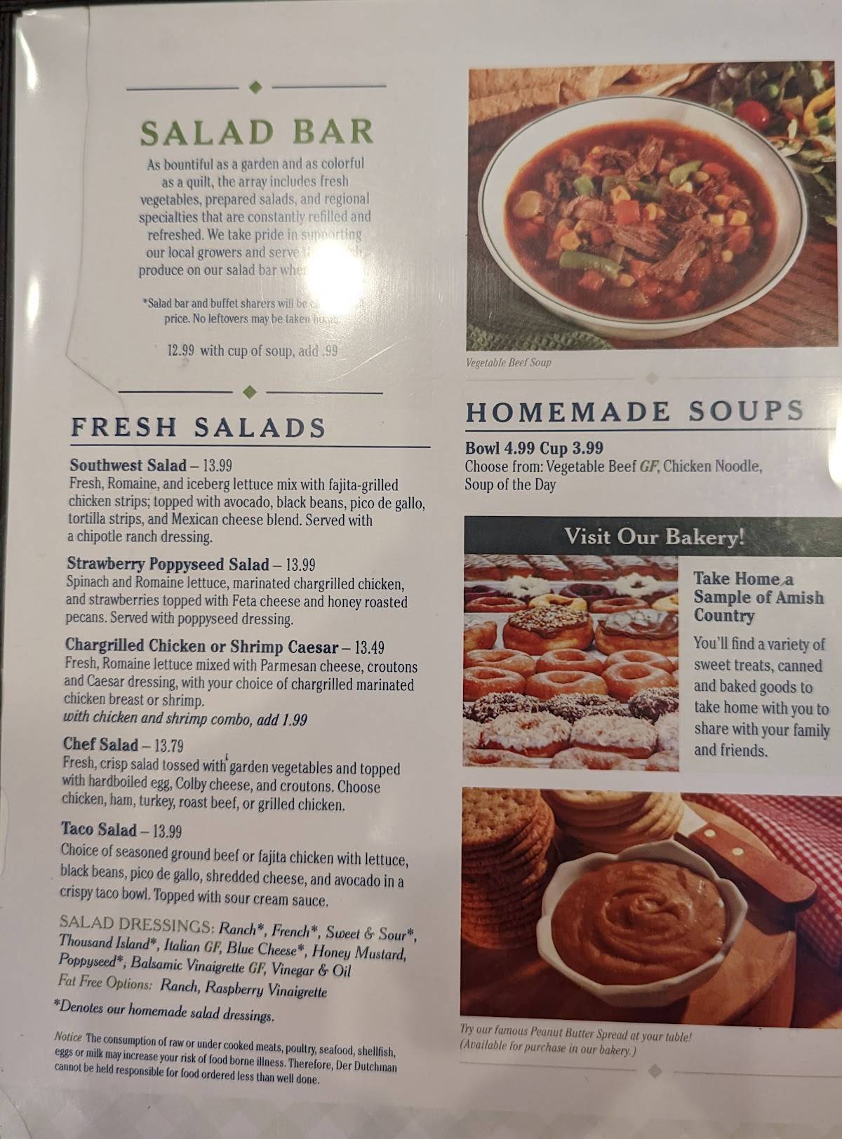 Menu at Der Dutchman restaurant, Sarasota, Bahia Vista St