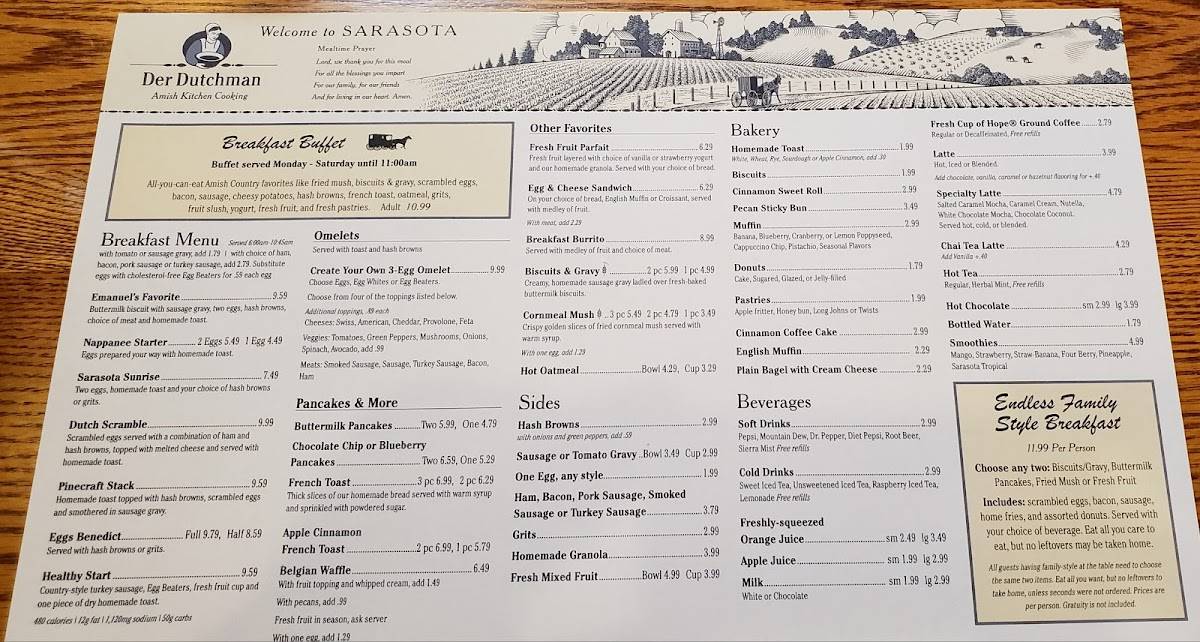 Menu at Der Dutchman restaurant, Sarasota, Bahia Vista St