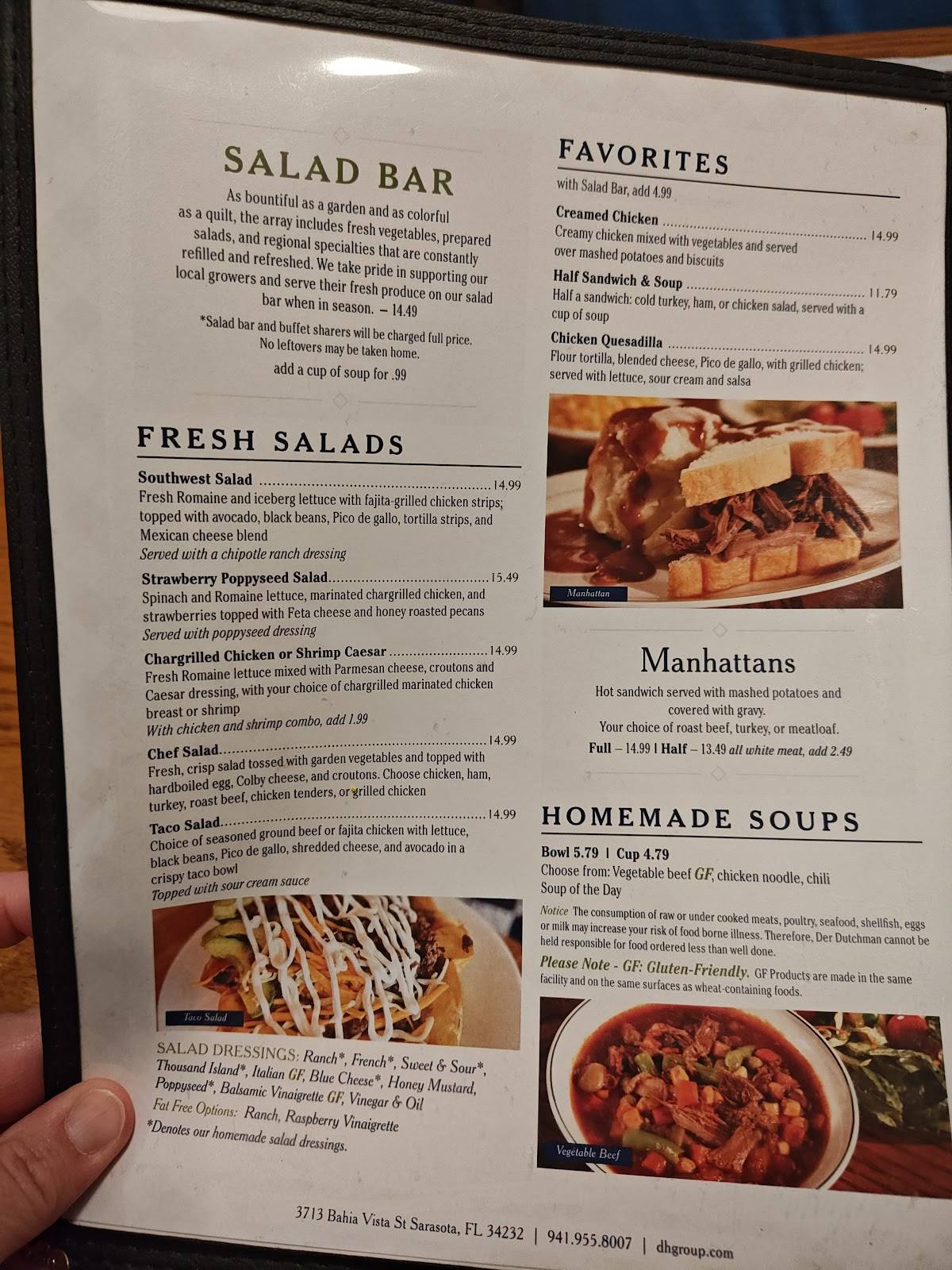 Menu at Der Dutchman restaurant, Sarasota, Bahia Vista St