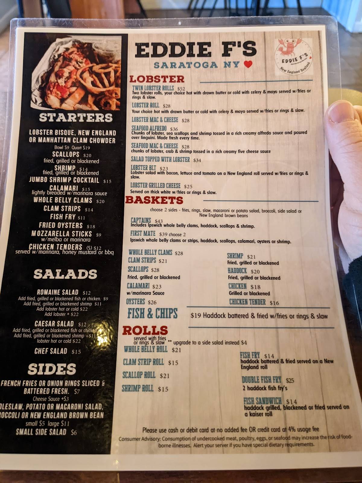 Menu At Eddie F S New England Seafood Restaurant Saratoga Springs