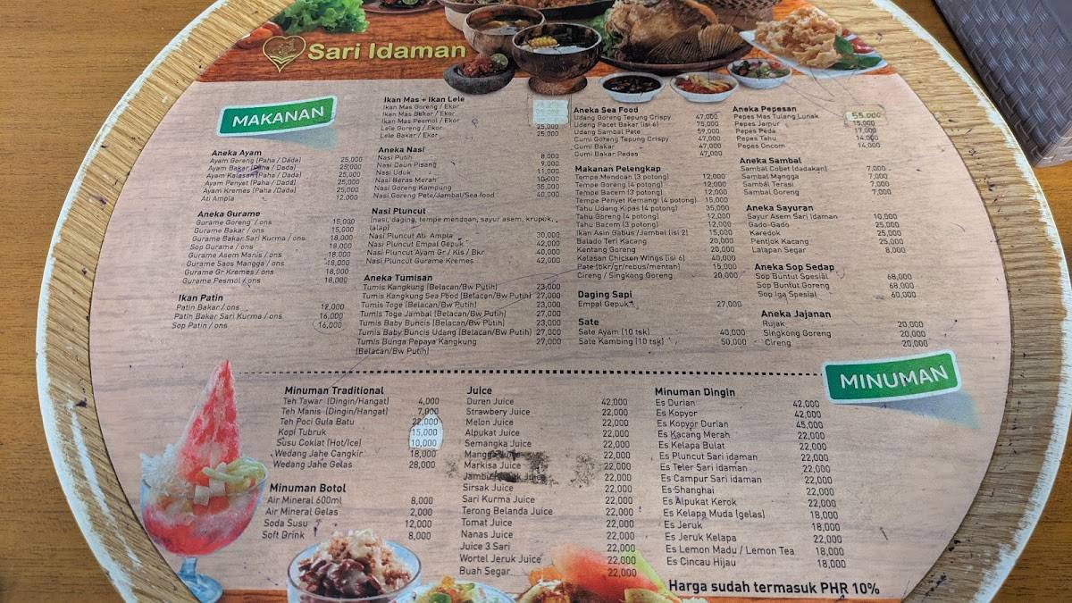 Menu at Sari Idaman restaurant, East Jakarta