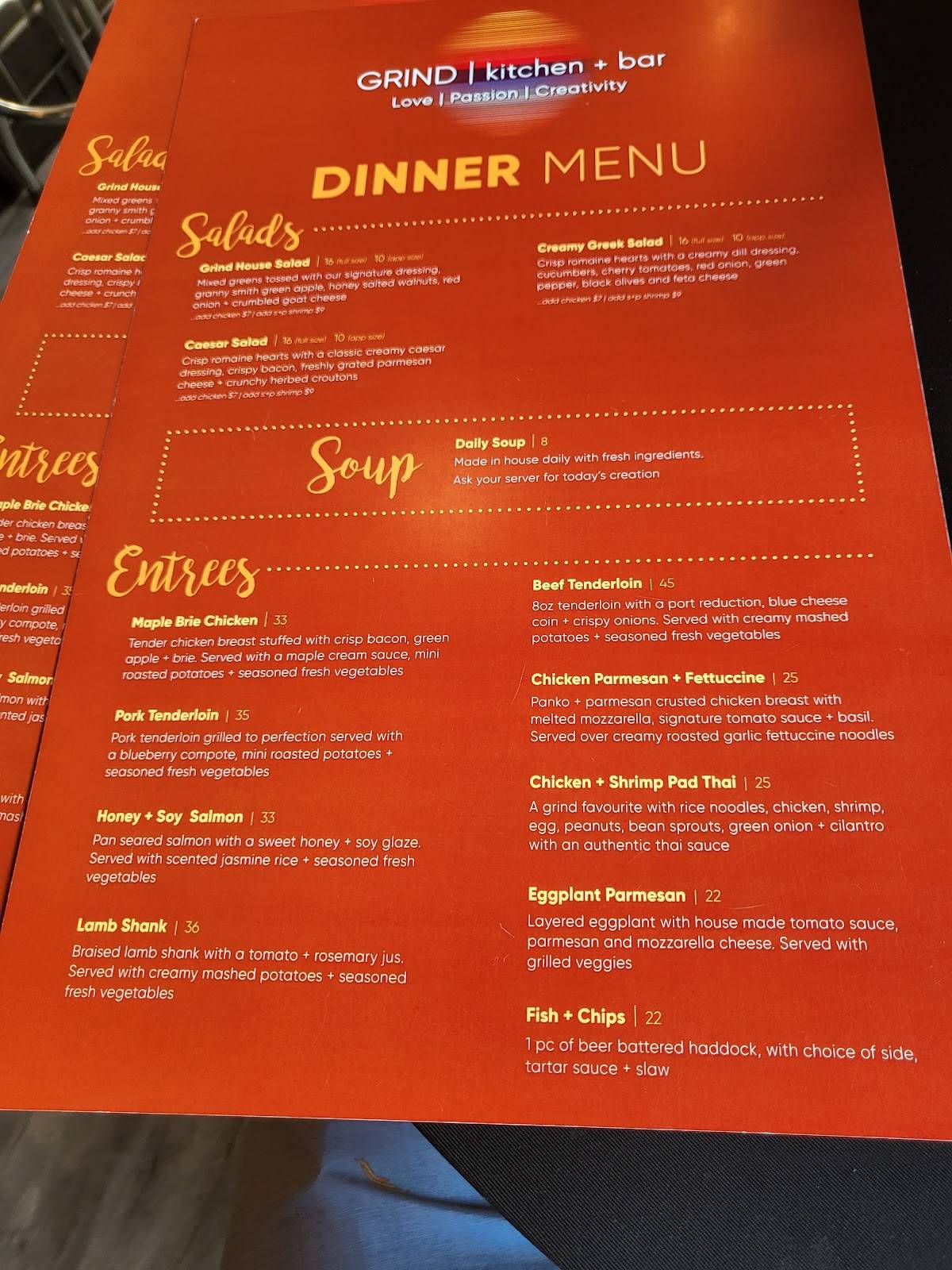 Menu at GRIND kitchen + bar, Sarnia
