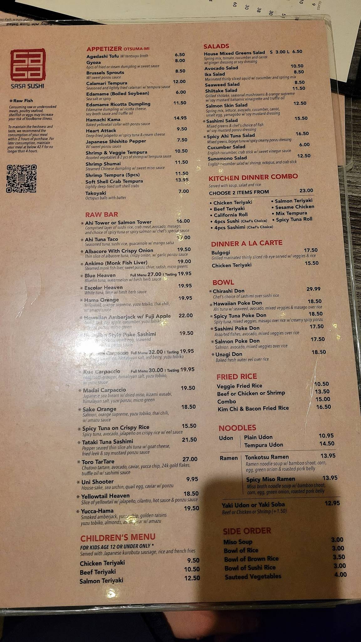 Menu at Sasa Sushi restaurant, Dallas
