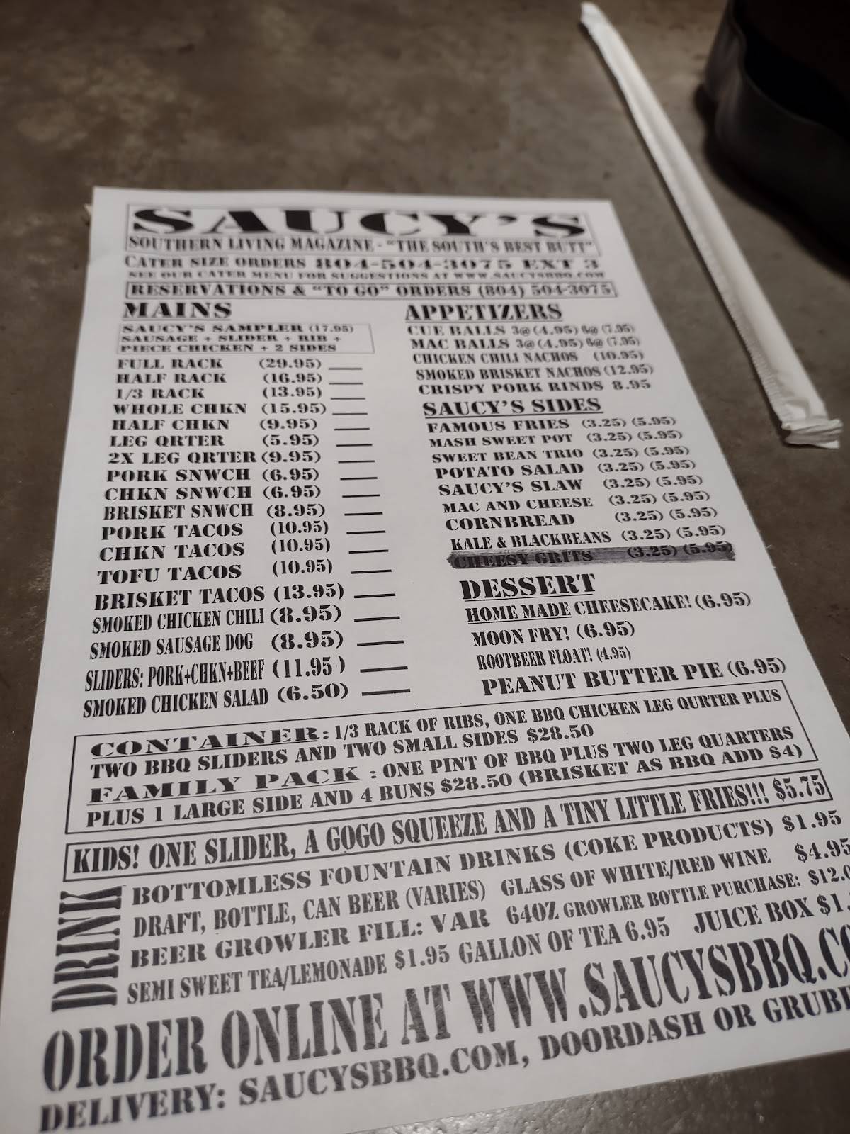 Menu at Saucy's Sit-Down Bar.B.Q., Petersburg