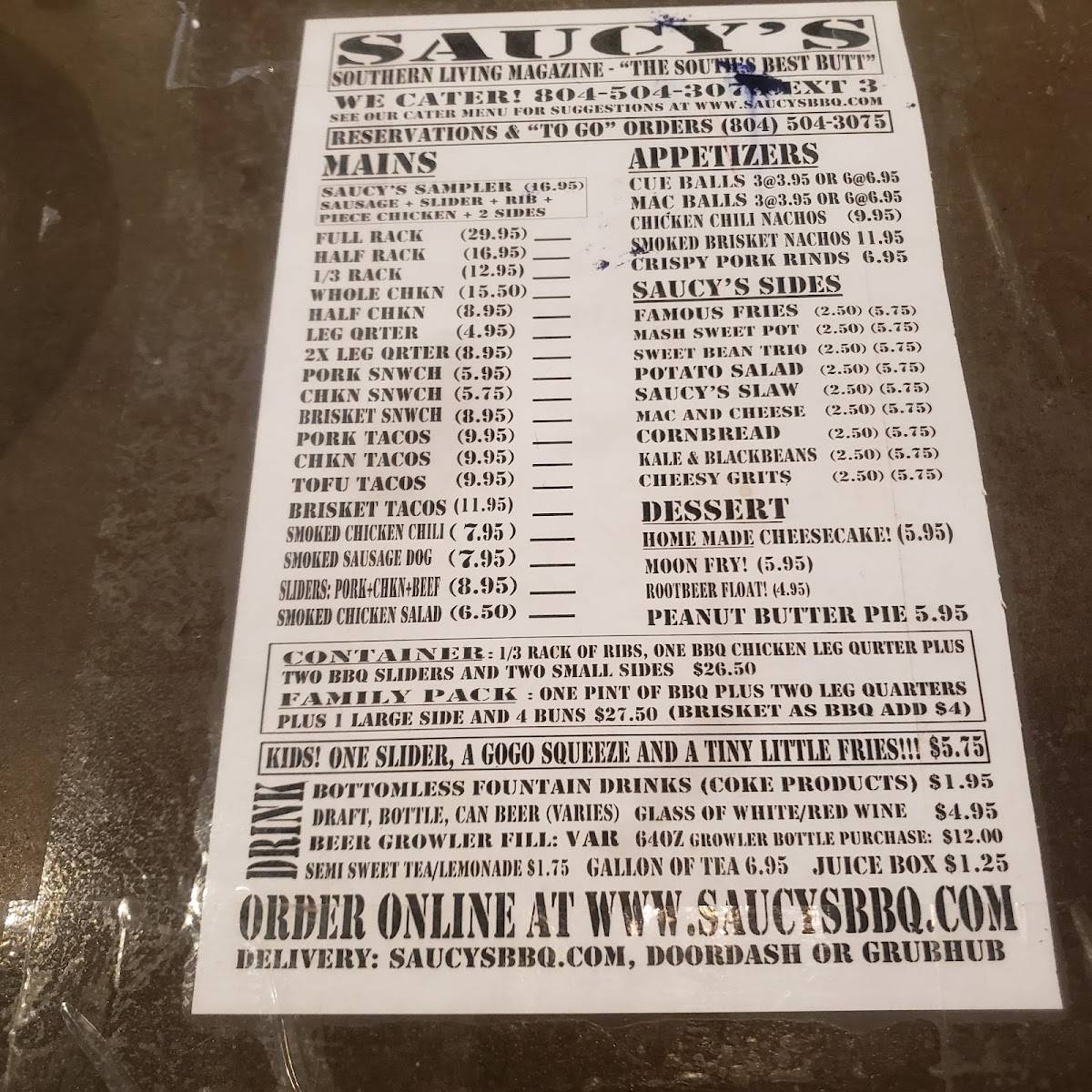 Menu at Saucy's Sit-Down Bar.B.Q., Petersburg