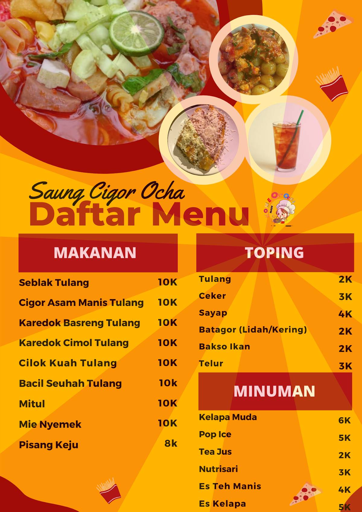Menu at Saung Cigor Ocha restaurant, Kawali