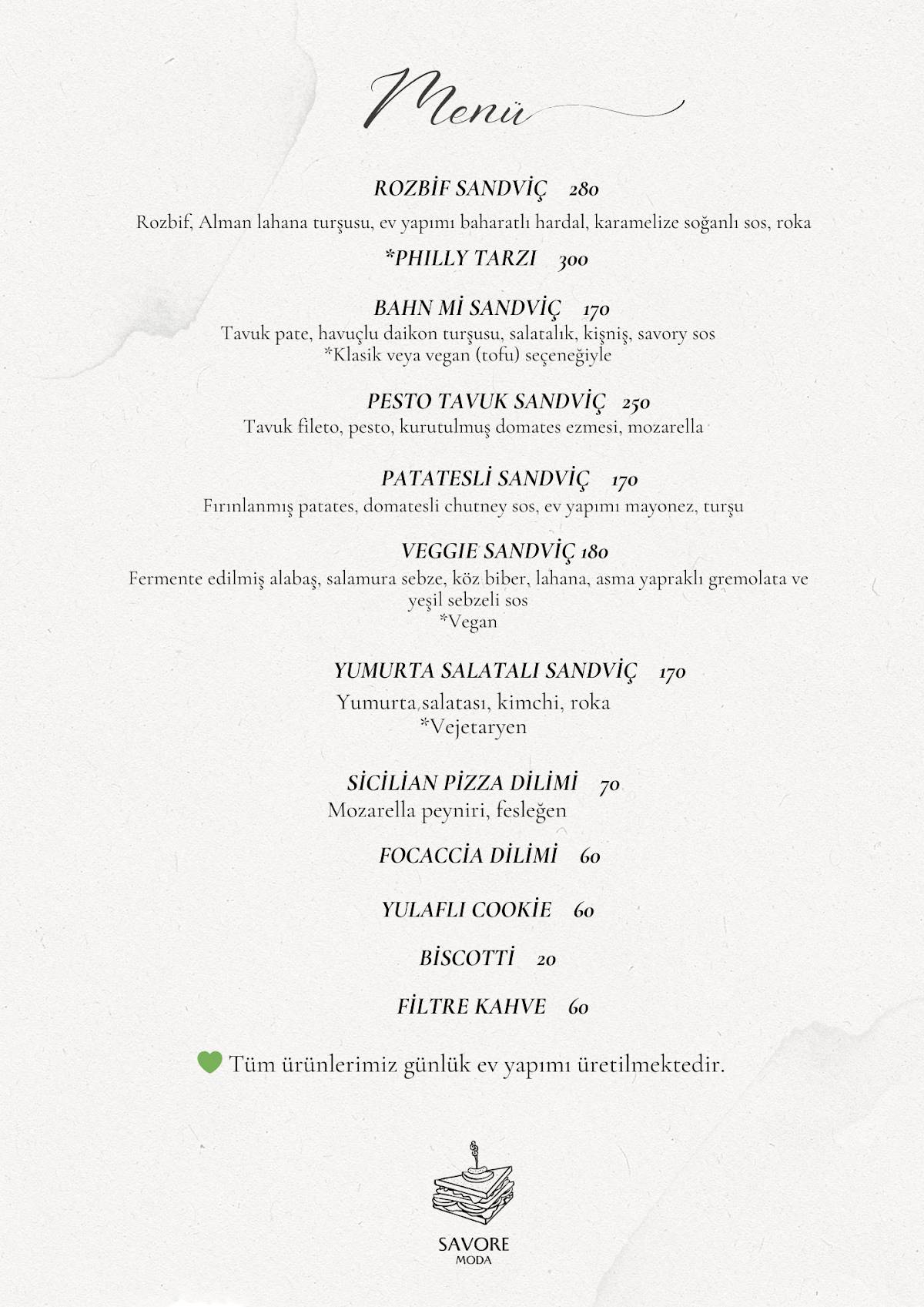 Menu at Savore Moda, Istanbul