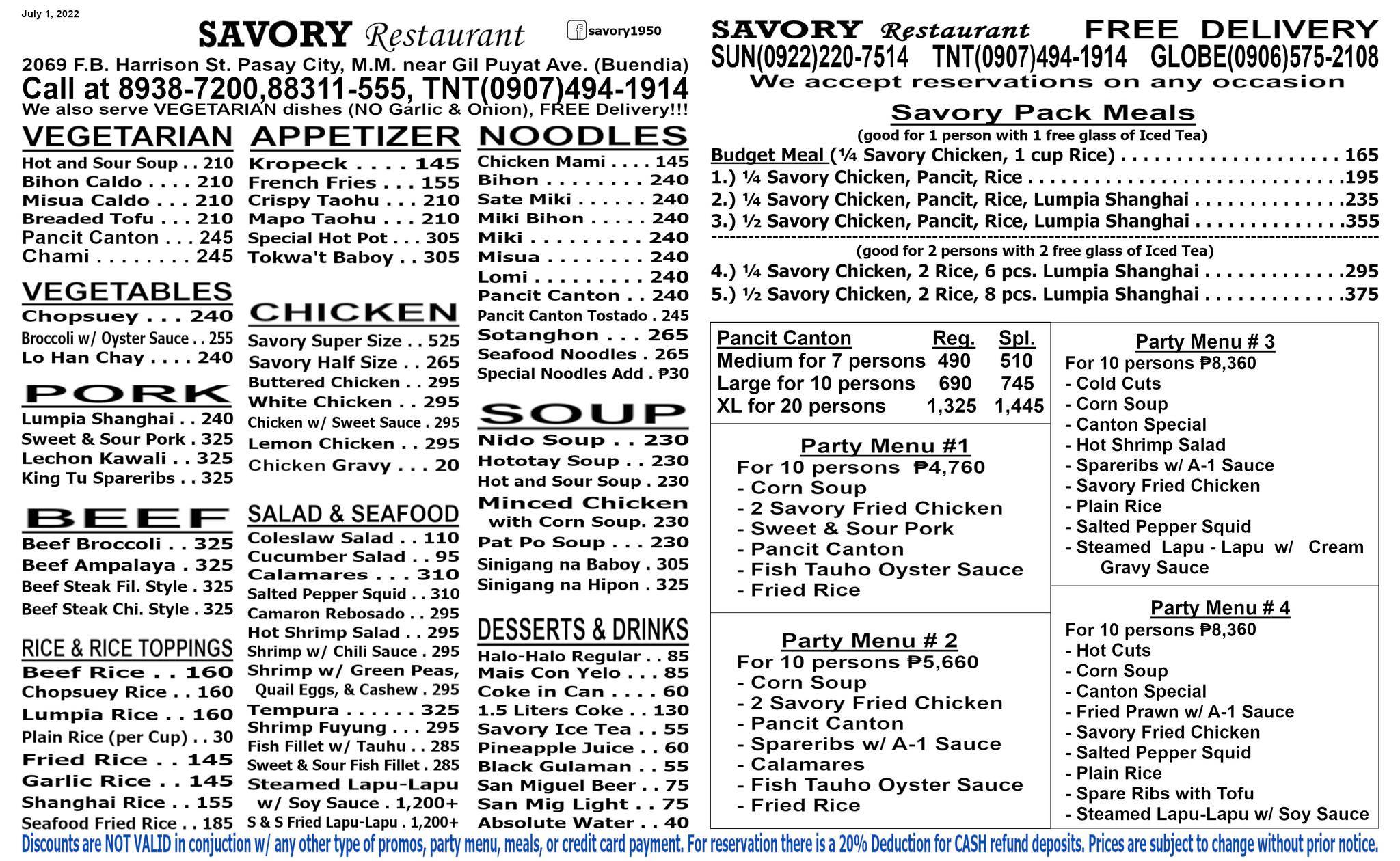 Menu at Savory Harrison restaurant, Pasay, F.B. Harrison St