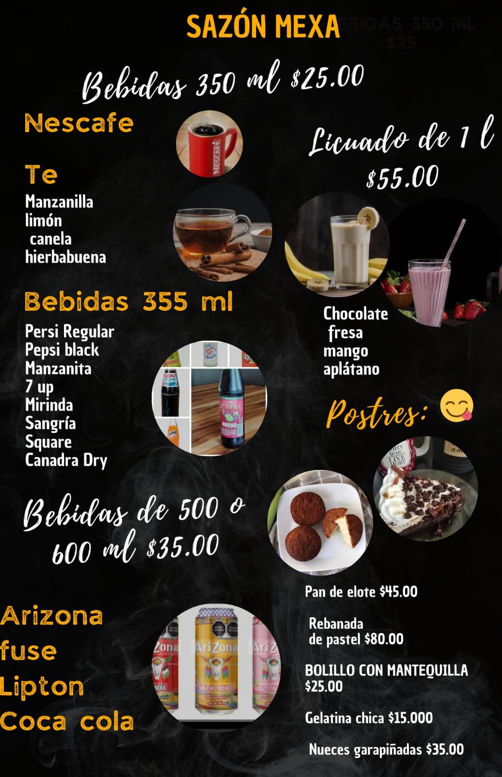 Menu at Sazón Mexa restaurant, Monterrey