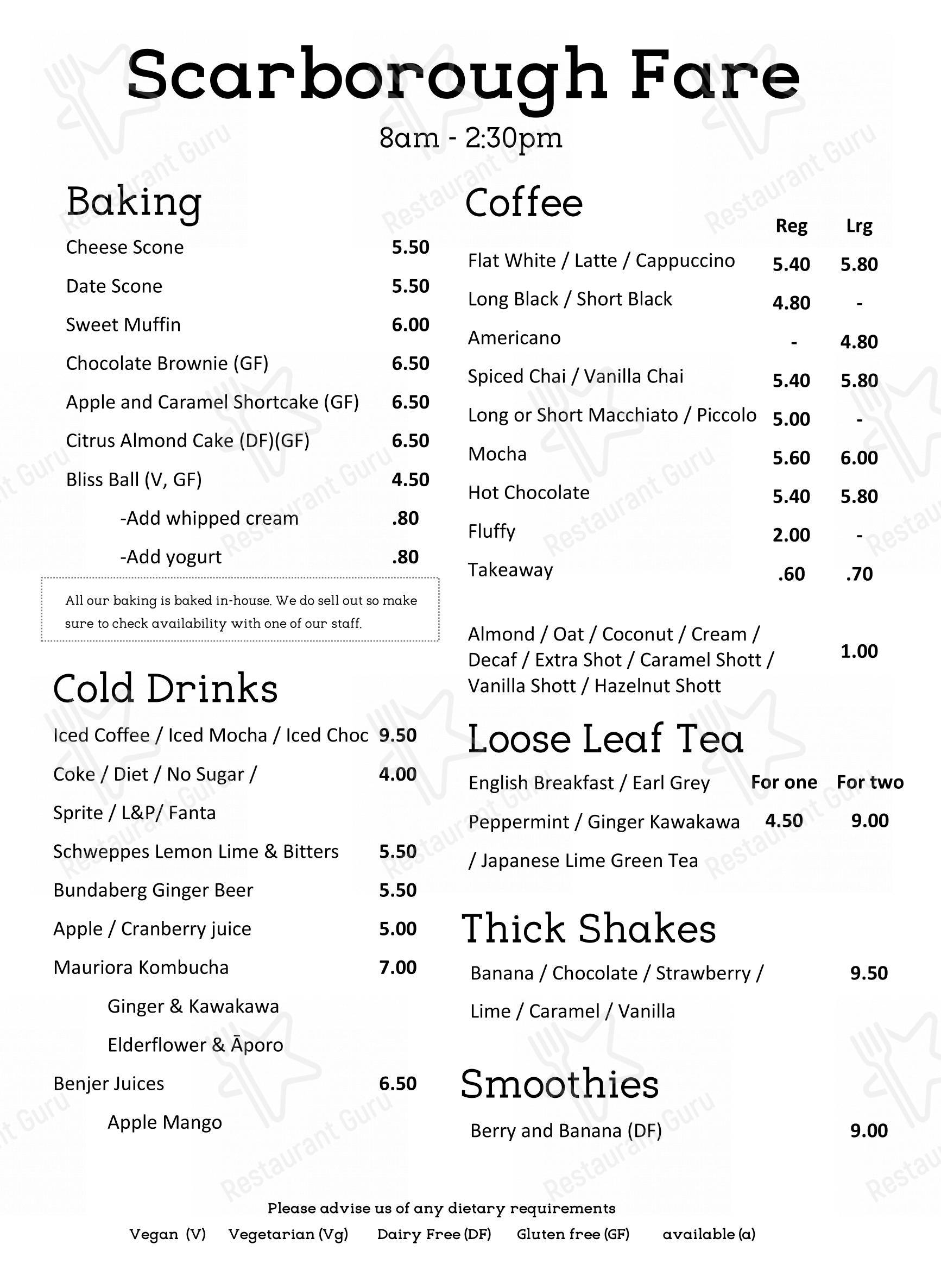 Menu at Scarborough Fare cafe, Christchurch