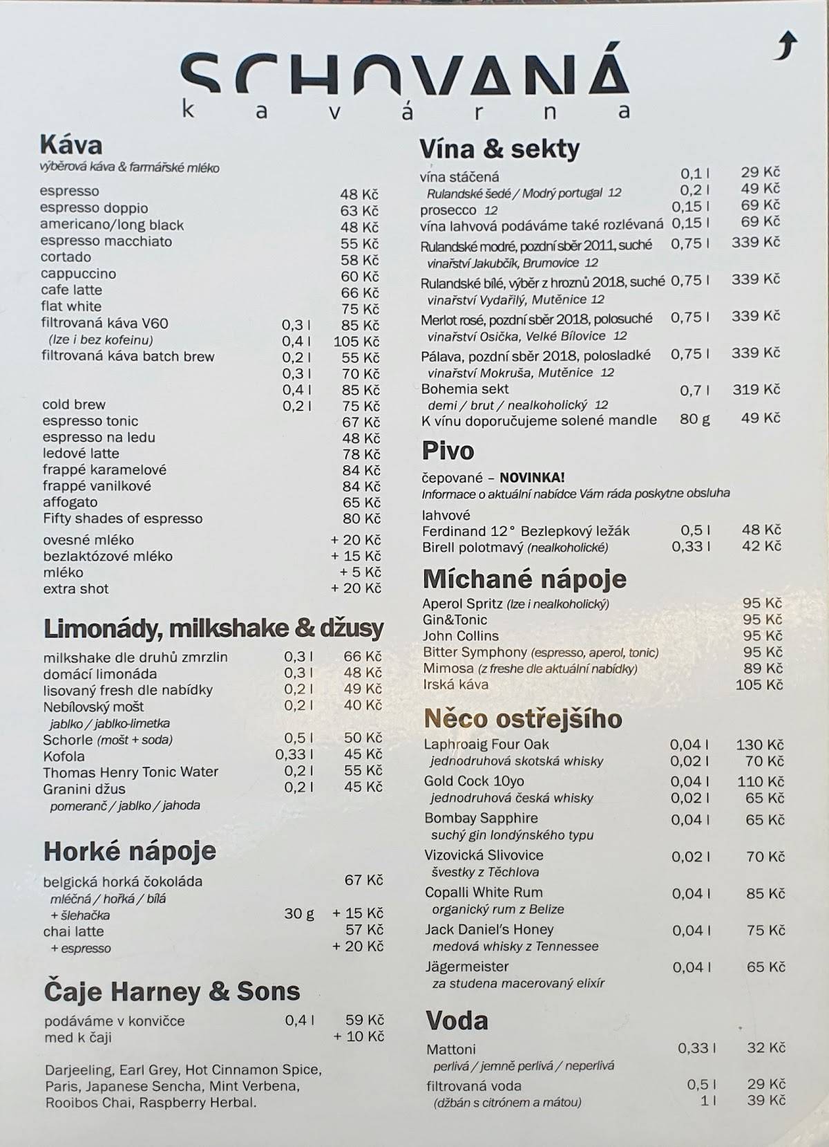 Menu at Schovaná Kavárna coffee house, Pilsen