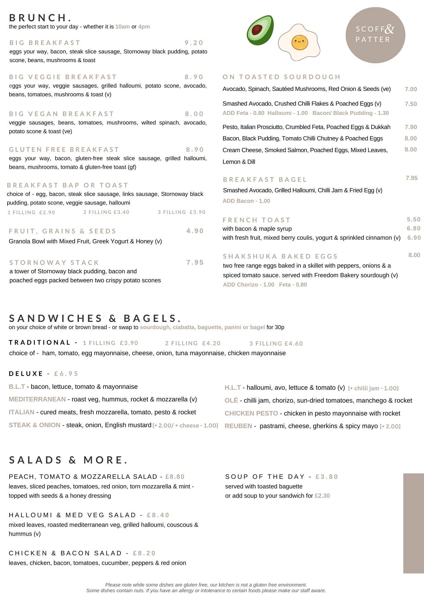 Menu at Scoff & Patter cafe, Bishopton