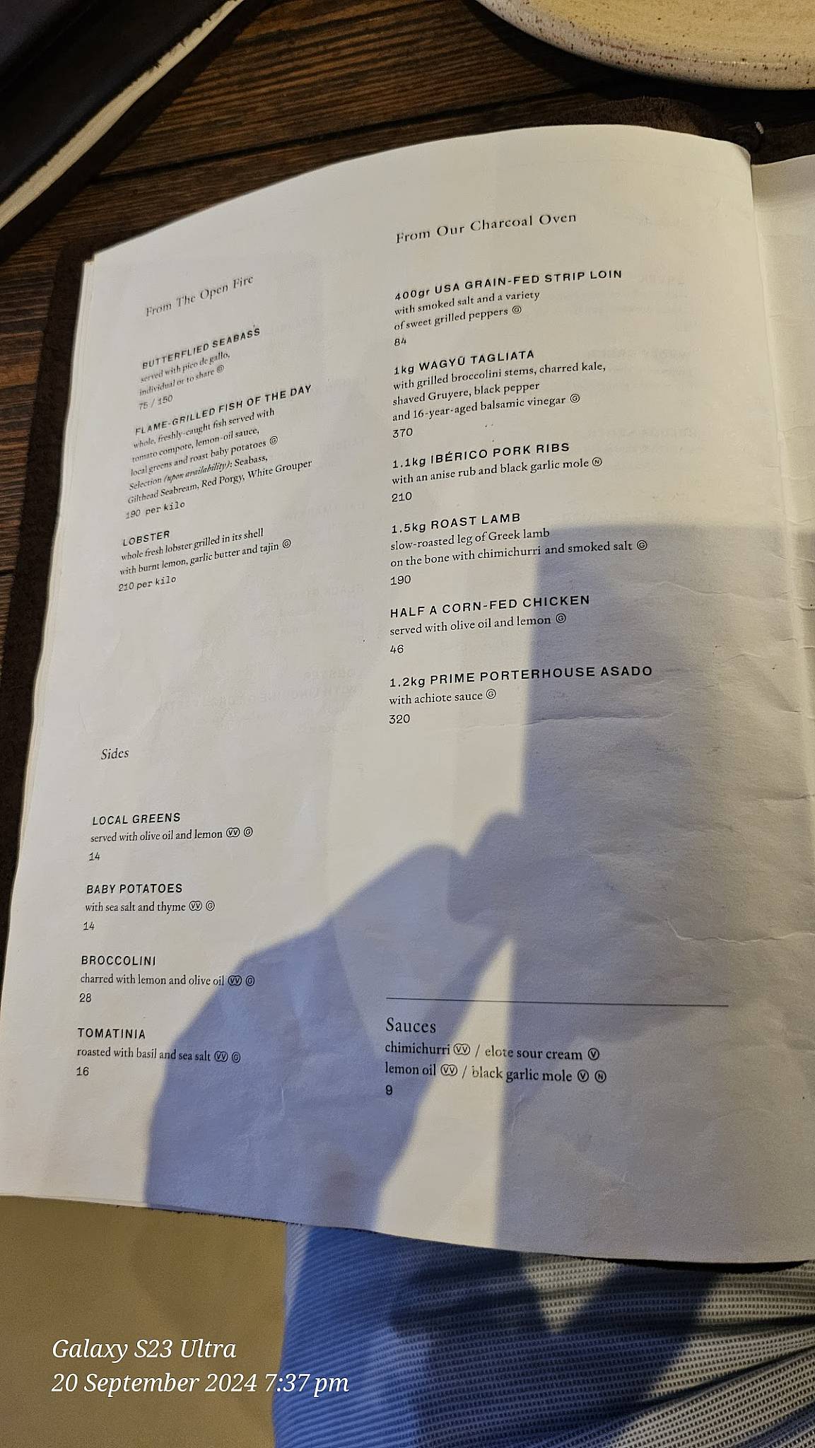 Menu at Scorpios, Mikonos