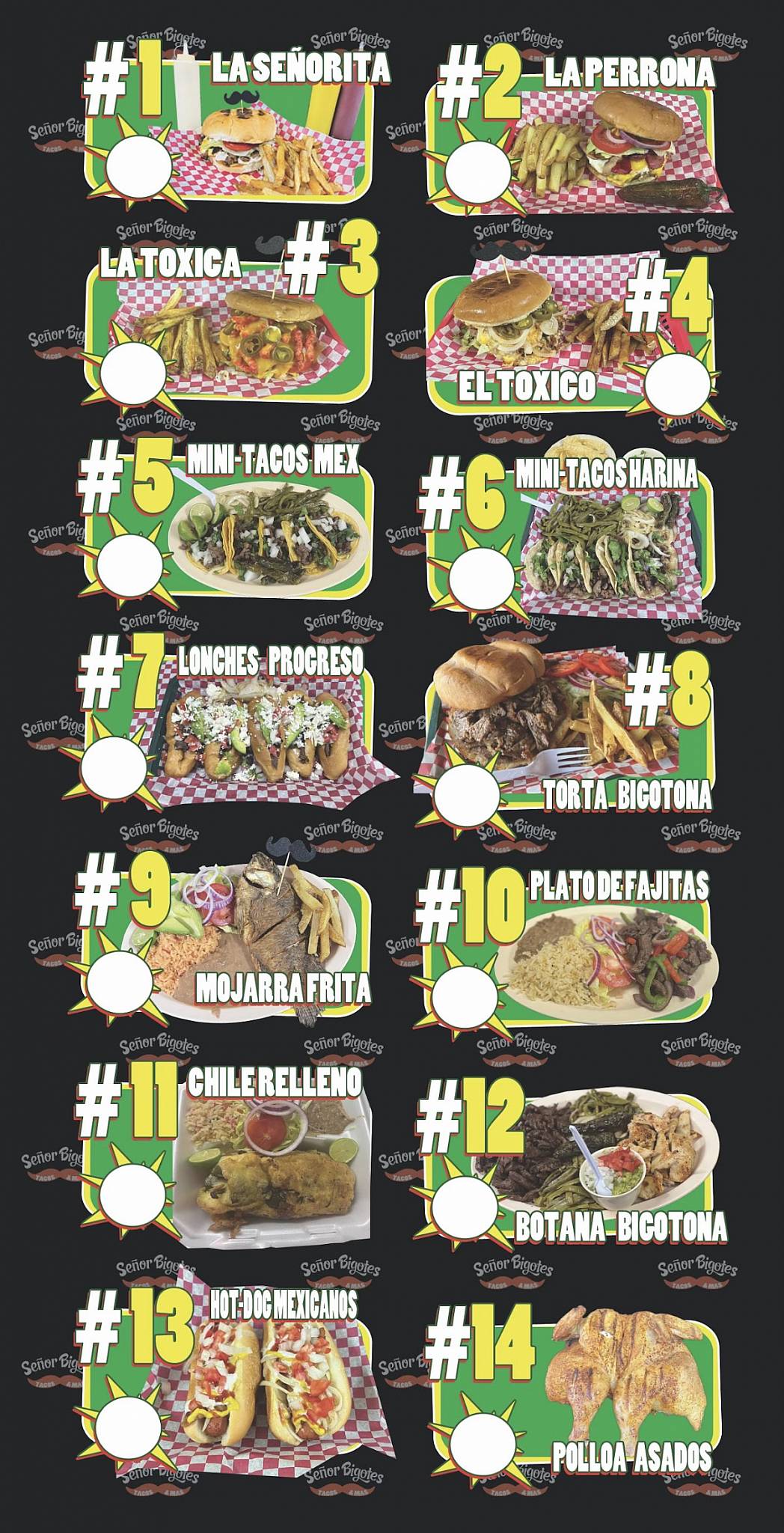 Menu at Señor bigotes tacos y más restaurant, Edinburg