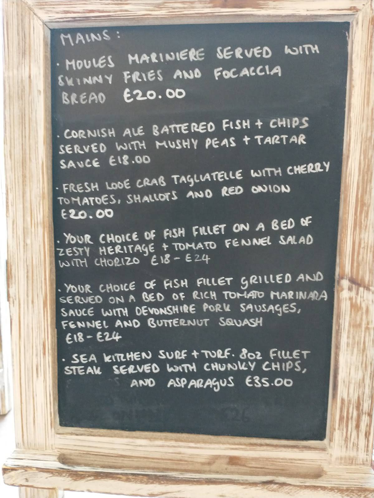 Menu at Sea Kitchen restaurant, Looe