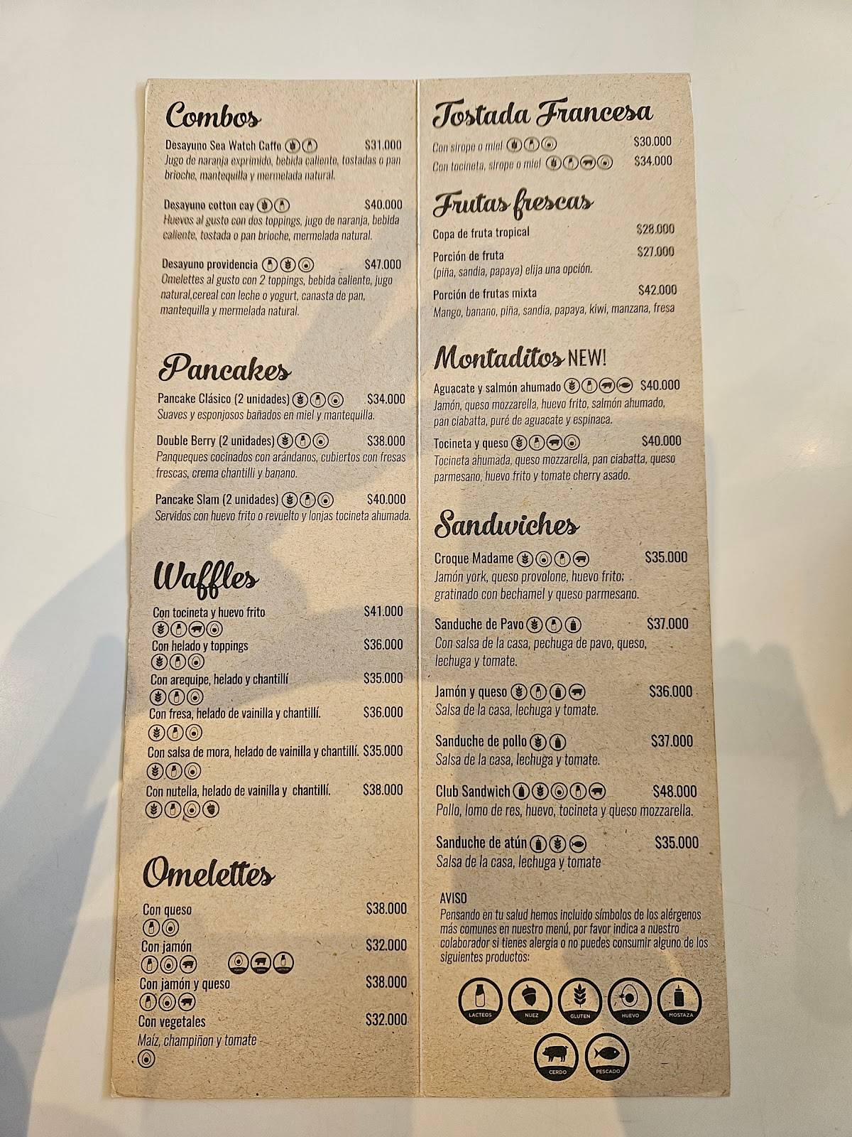 Menu at Sea Watch Caffe restaurant, San Andrés