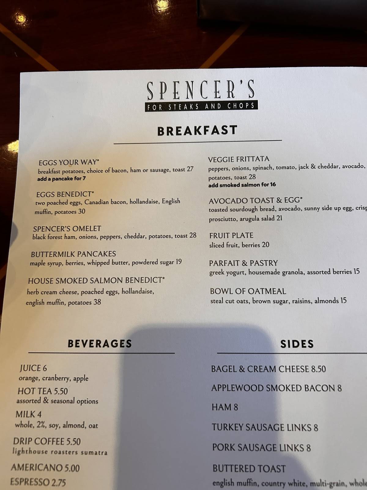 Menu at Spencer's for Steaks and Chops steakhouse, Seattle