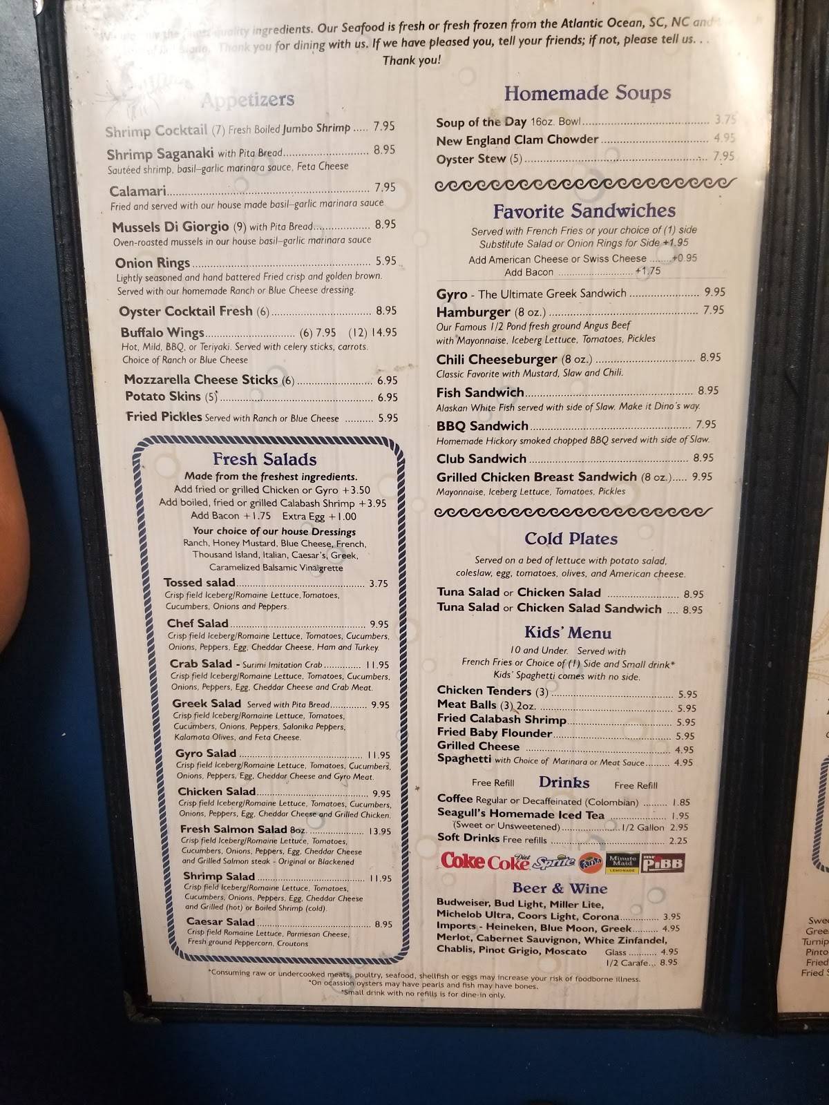 Menu at Seagull's Grill steakhouse, Lancaster
