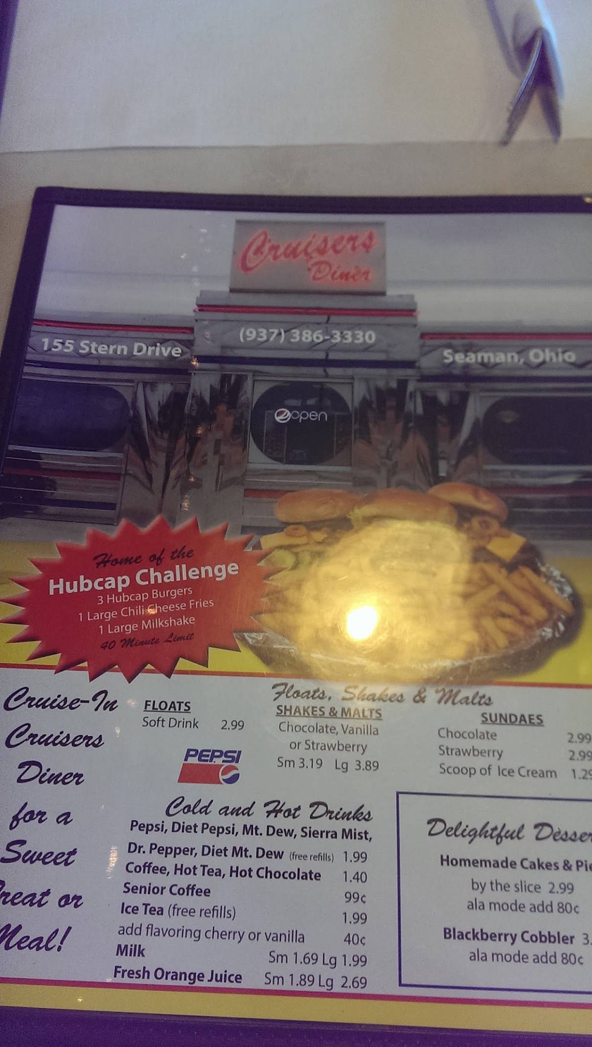 Menu at Cruisers Diner restaurant, Seaman