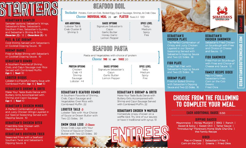 Menu at Sebastian's Southern Crab restaurant, Omaha