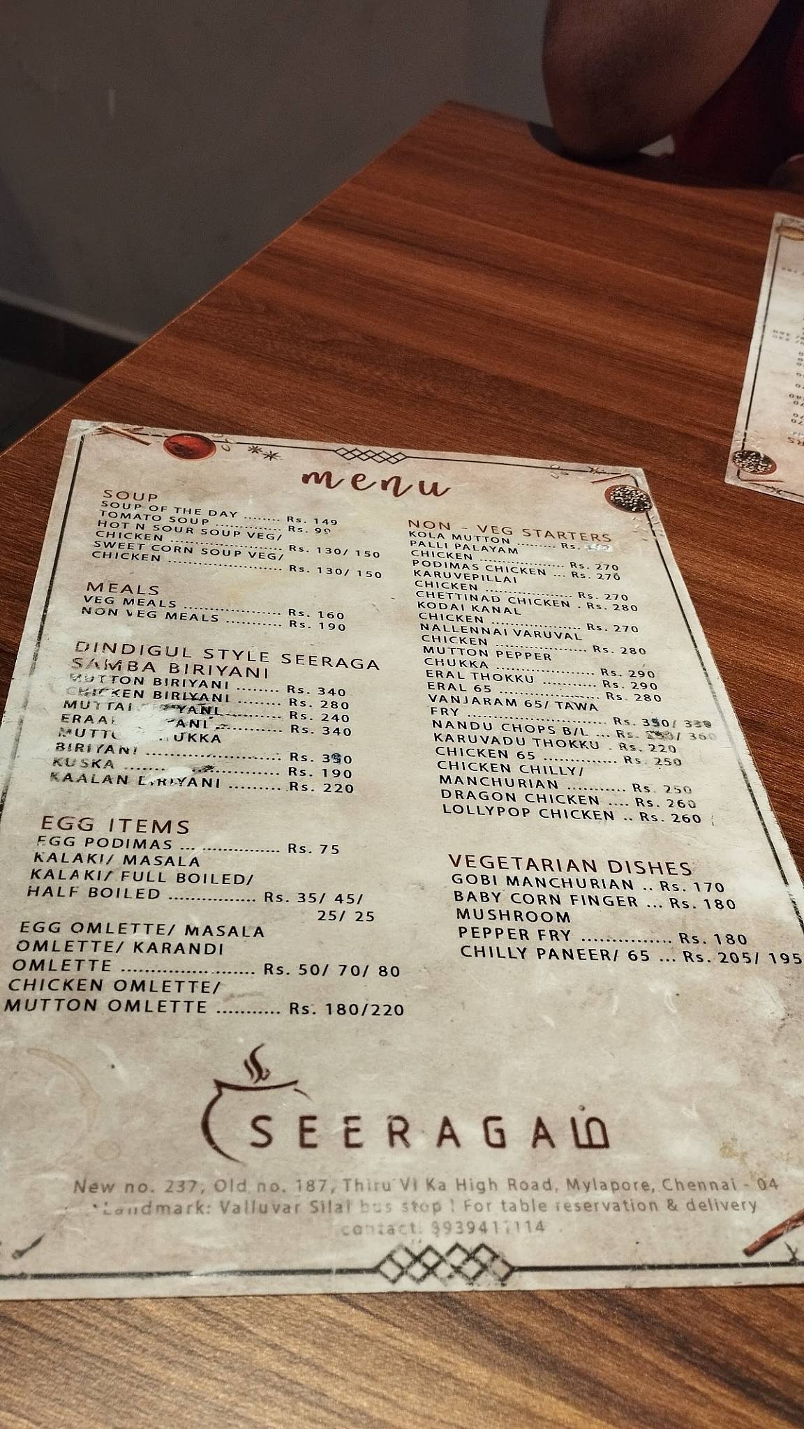 Menu at Seeragam, Chennai