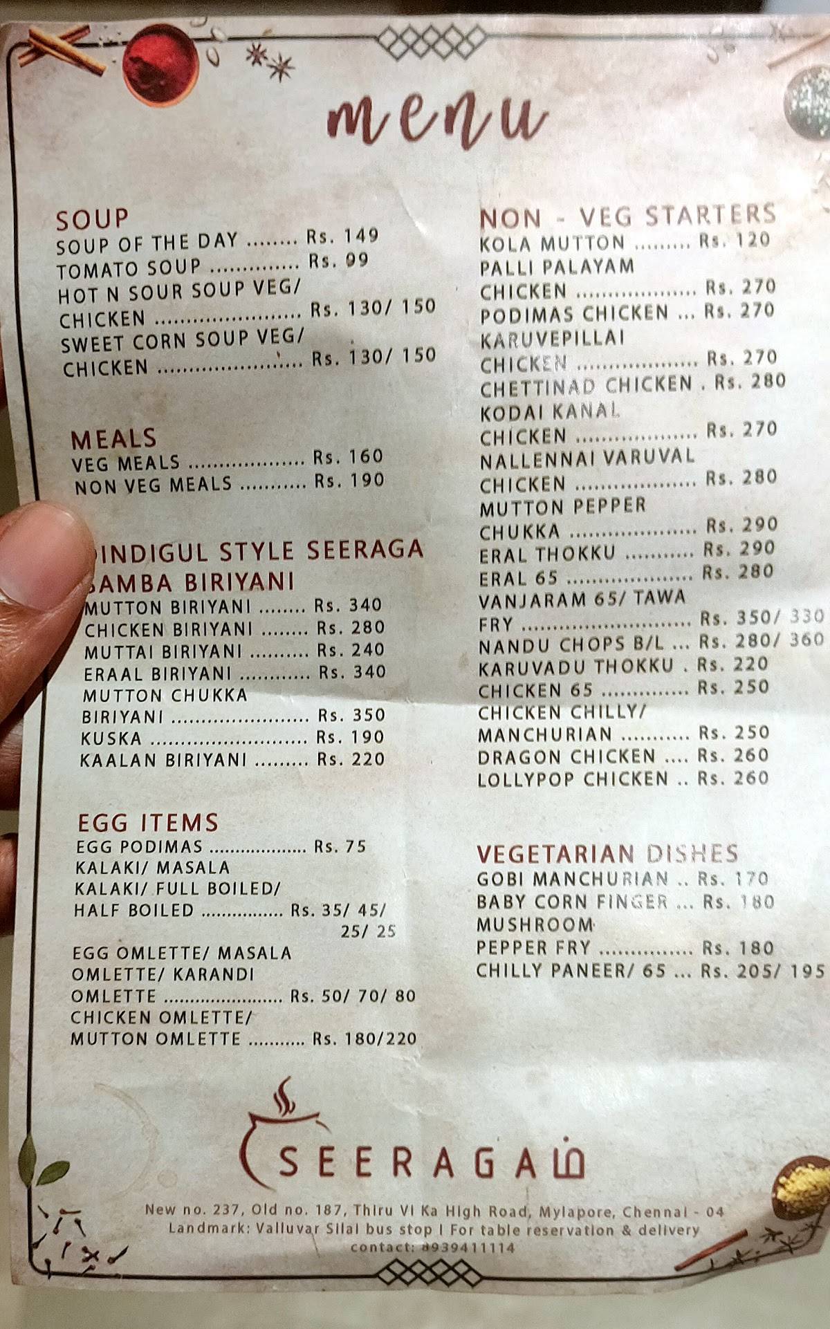 Menu at Seeragam, Chennai