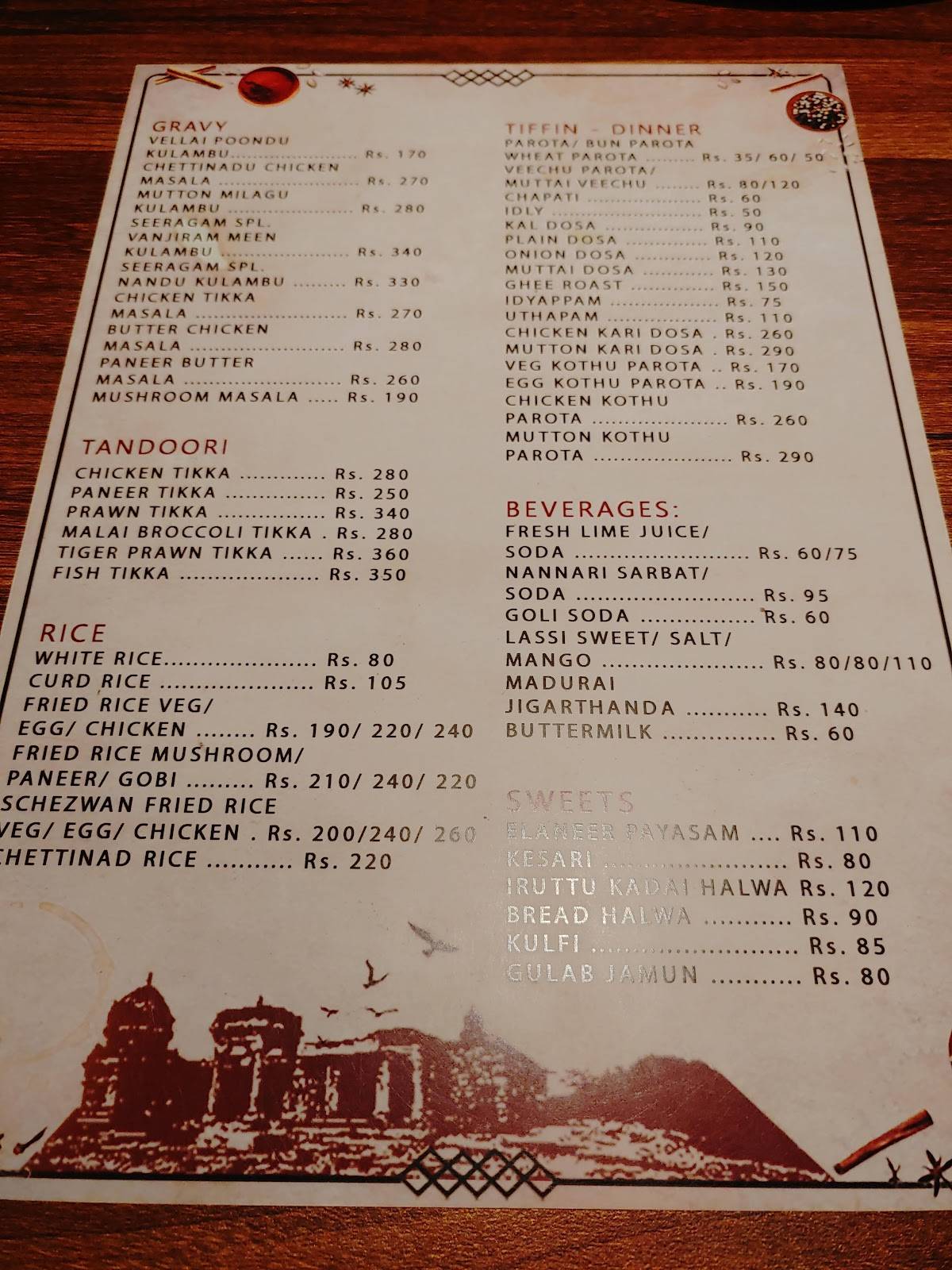 Menu at Seeragam, Chennai
