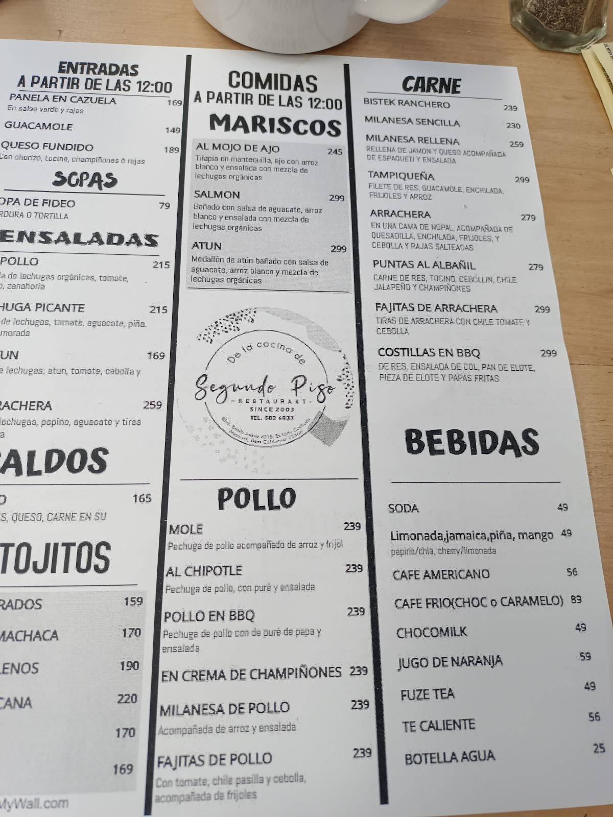 Carta de Segundo Piso Restaurant, Mexicali