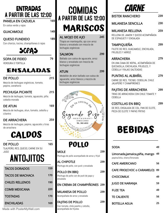 Carta de Segundo Piso Restaurant, Mexicali