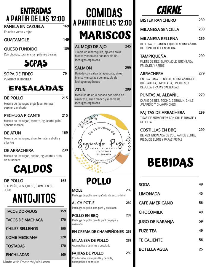 Menu at Segundo Piso Restaurant, Mexicali