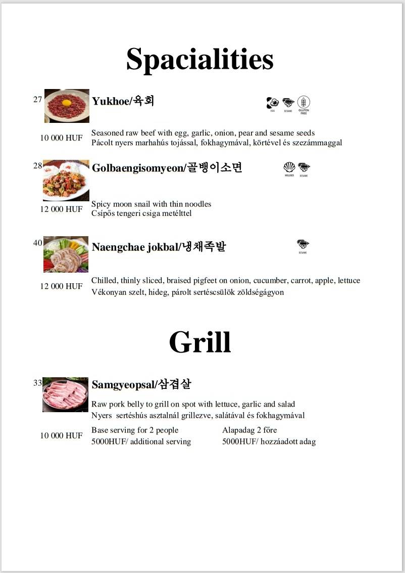Menu at Sejong Korean Restaurant / 한식당, Budapest