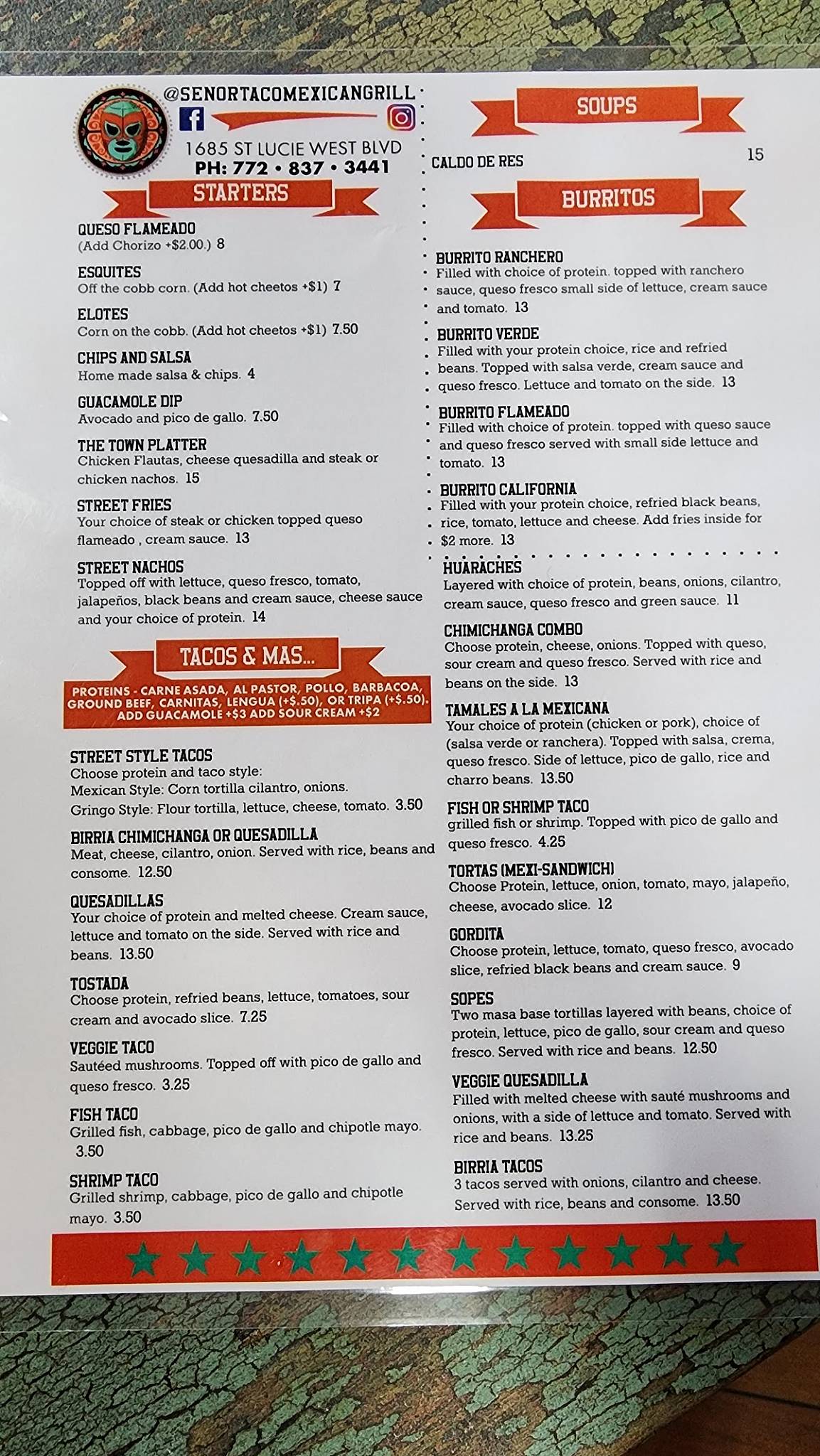 Menu at Señor Taco Mexican Grill restaurant, Port St. Lucie