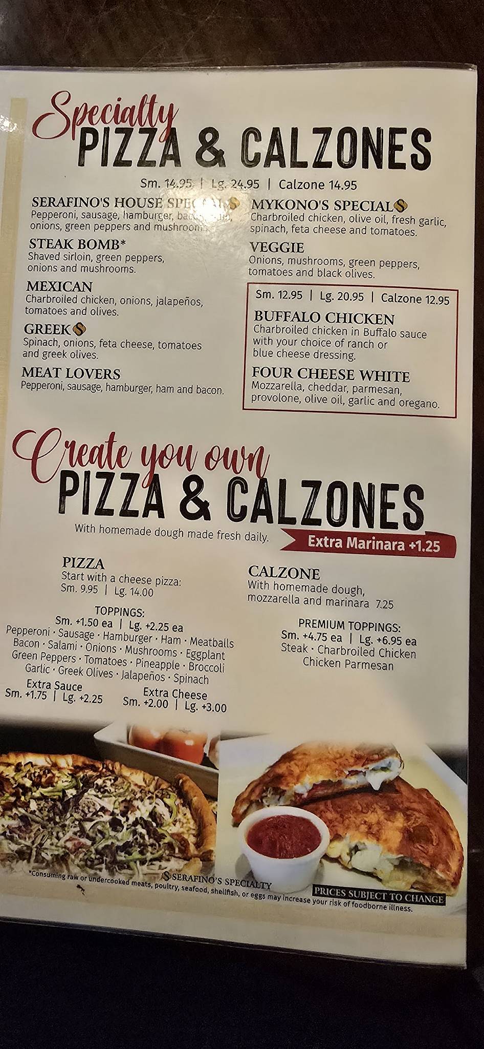 Menu at Serafinos restaurant, Myrtle Beach, 587 Burcale Rd