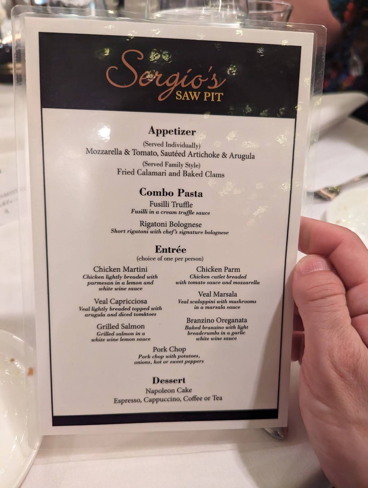 Menu at Sergio's Saw Pit restaurant, Port Chester