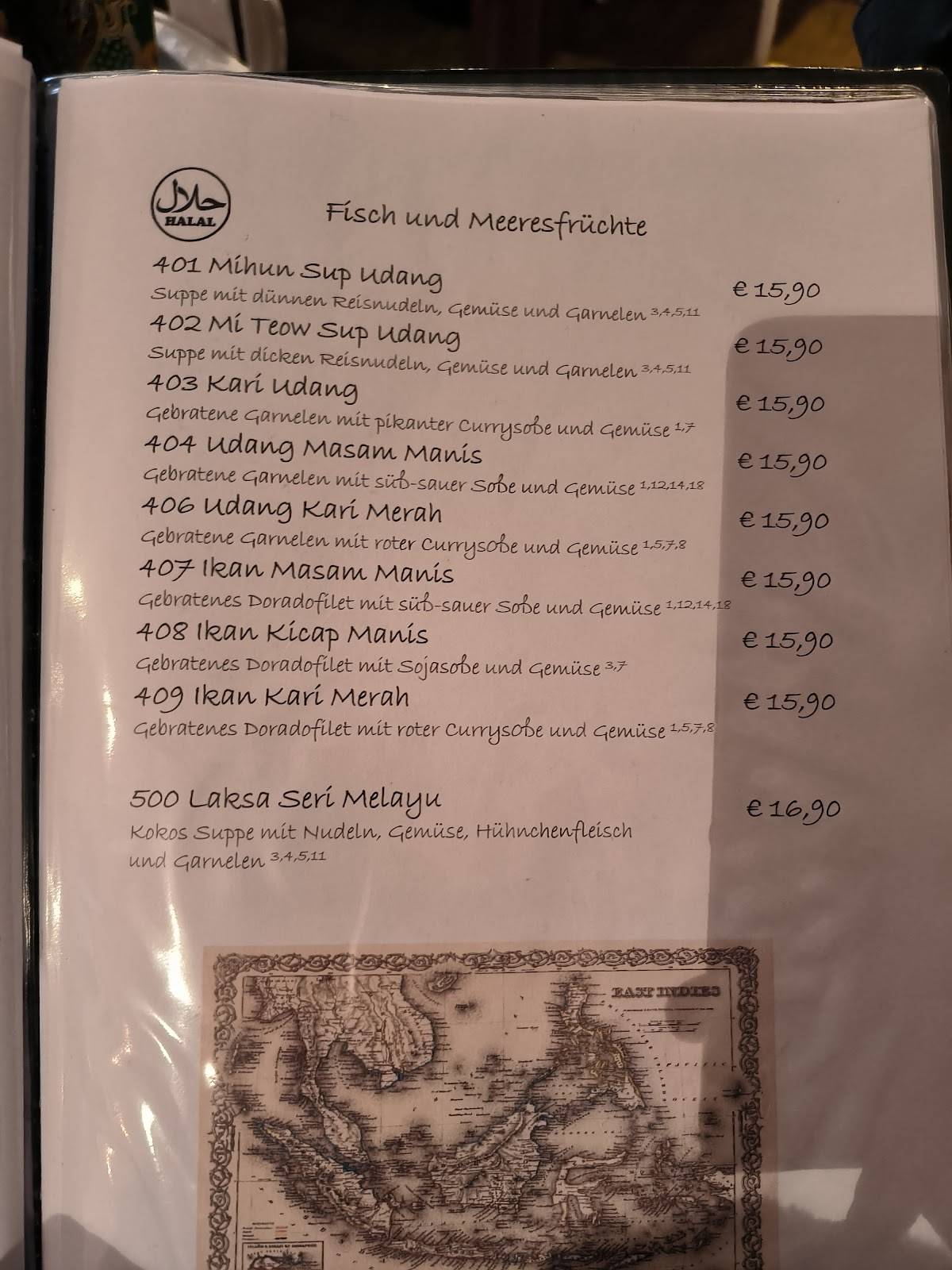 Menu at Seri Melayu restaurant, Berlin