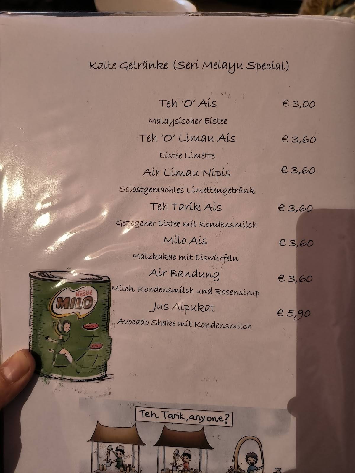 Menu at Seri Melayu restaurant, Berlin