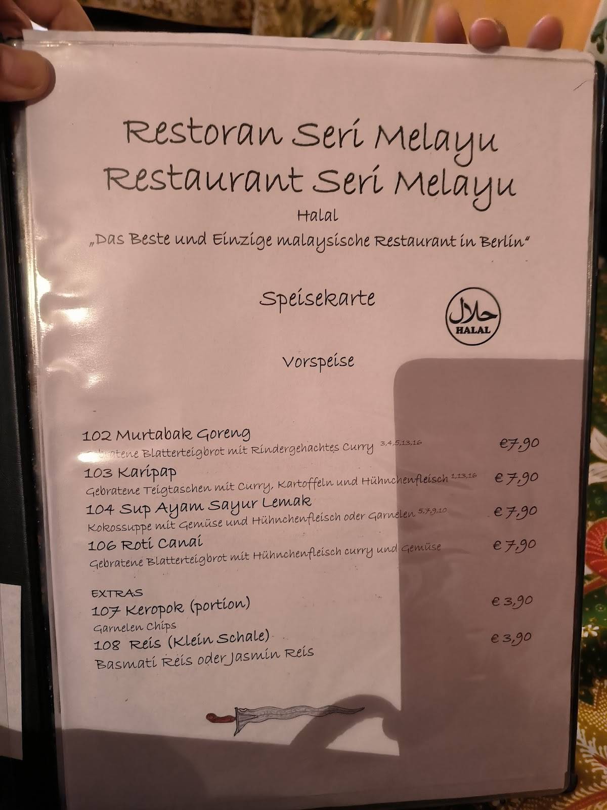 Menu at Seri Melayu restaurant, Berlin