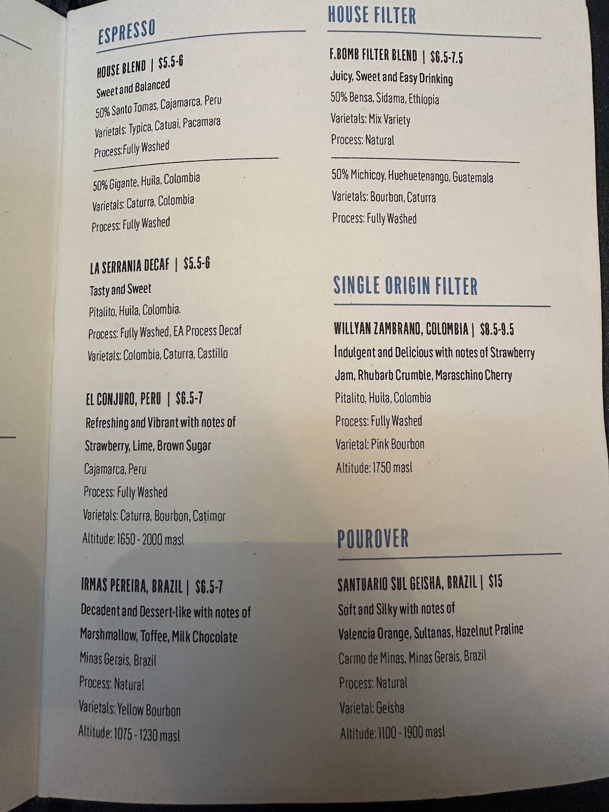 Menu at Seven Seeds Coffee Roasters cafe, Carlton
