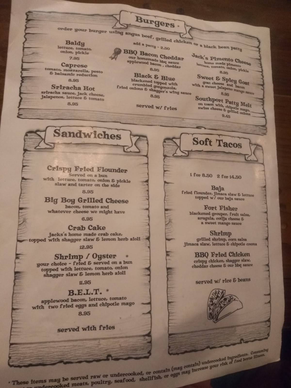 Menu at Shagger Jacks restaurant, Oak Island