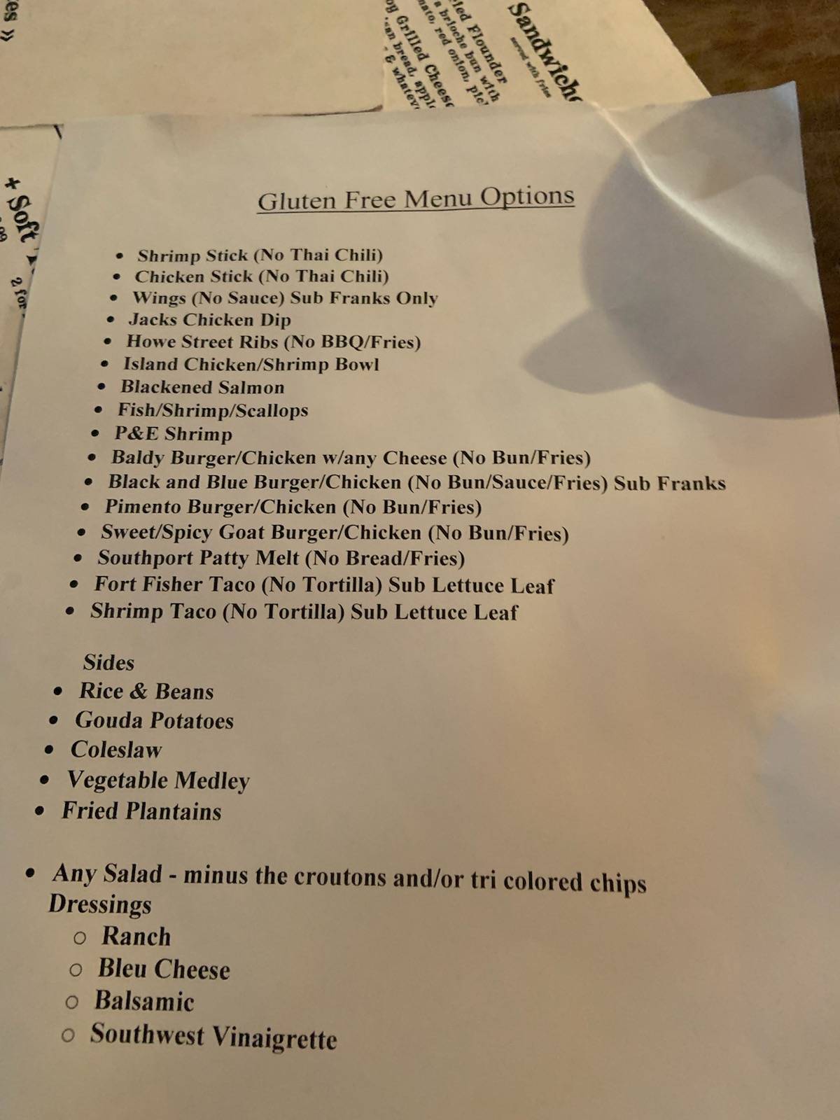 Menu at Shagger Jacks restaurant, Oak Island