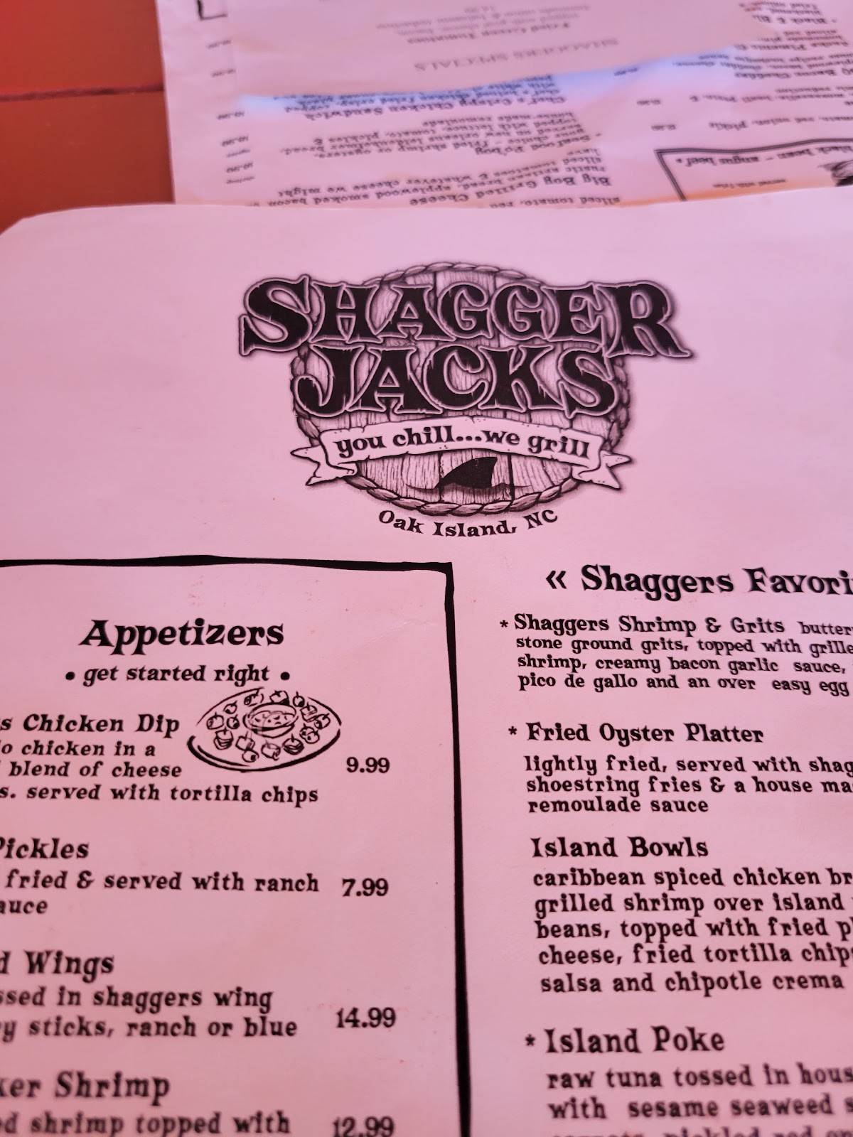 Menu at Shagger Jacks restaurant, Oak Island