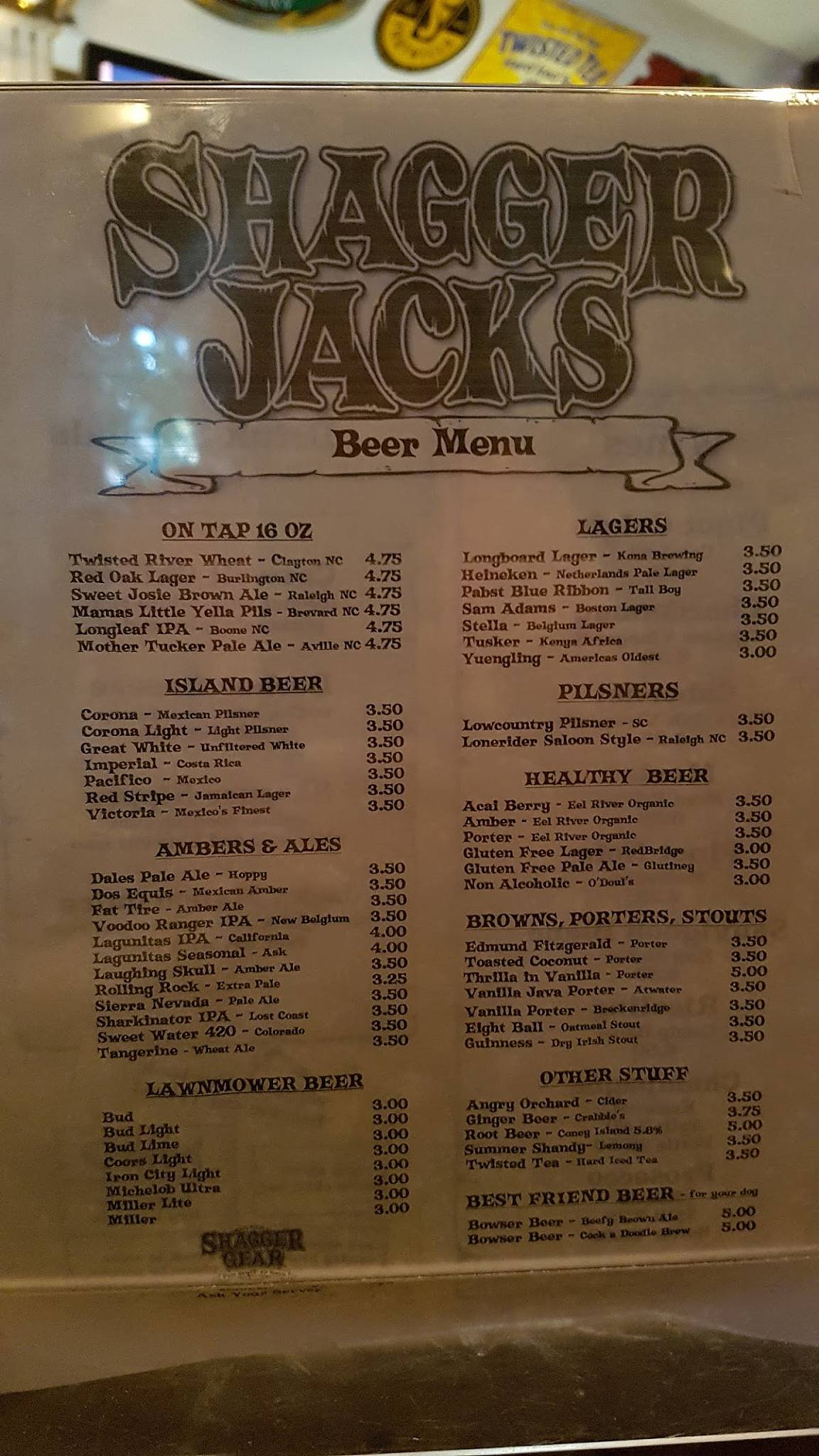 Menu at Shagger Jacks restaurant, Oak Island
