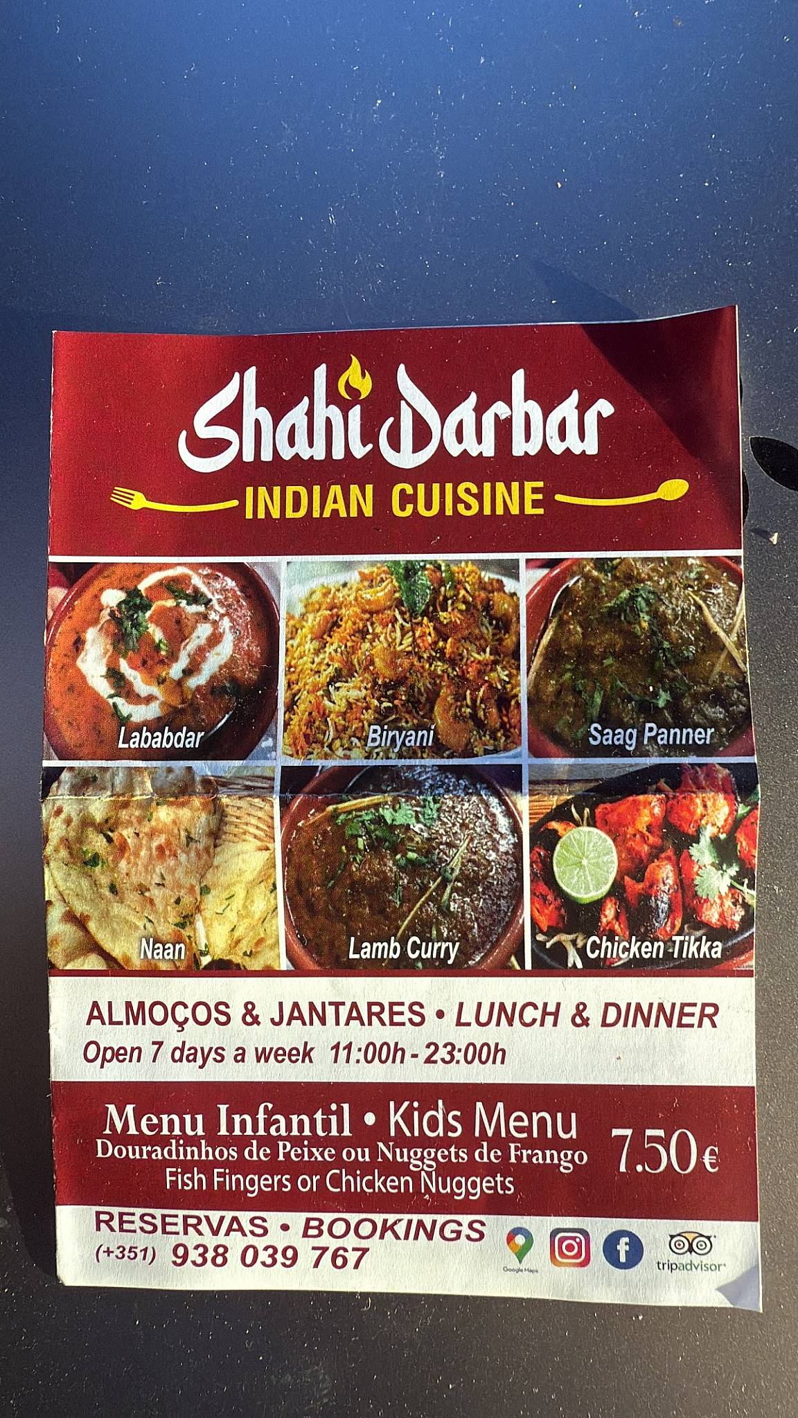 Menu em Shahi Darbar Indian Cuisine Armação, Armação de Pêra