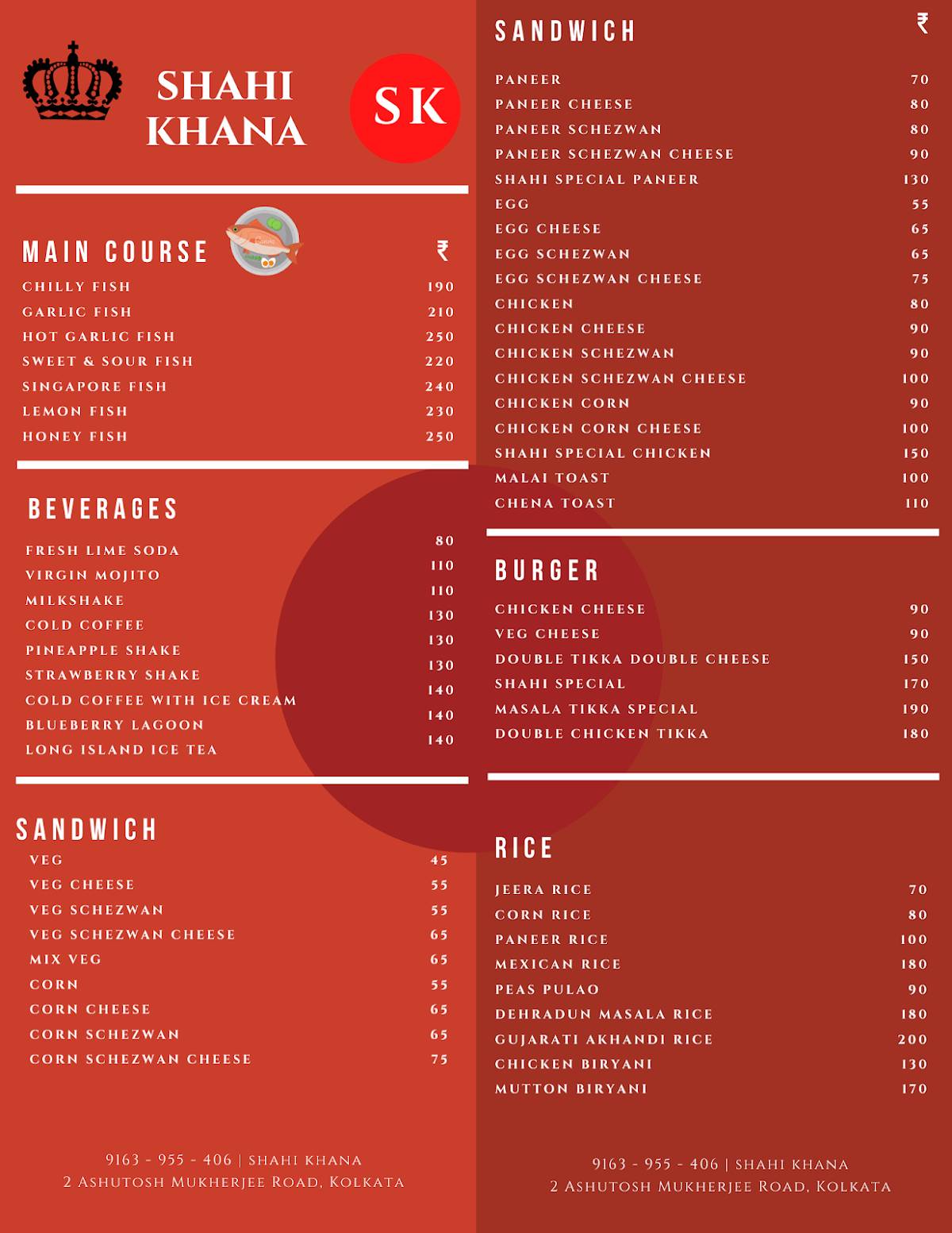 Menu at Shahi Khana, Kolkata, Sushnita