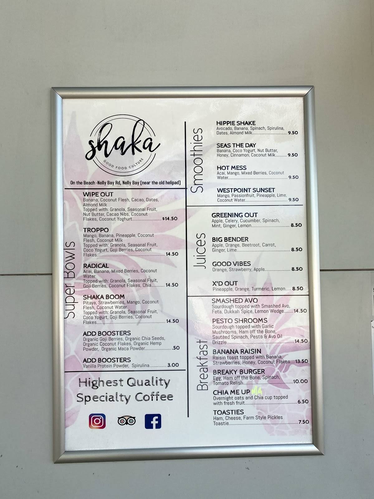 Menu at Shaka: Good Food Cafe, Nelly Bay
