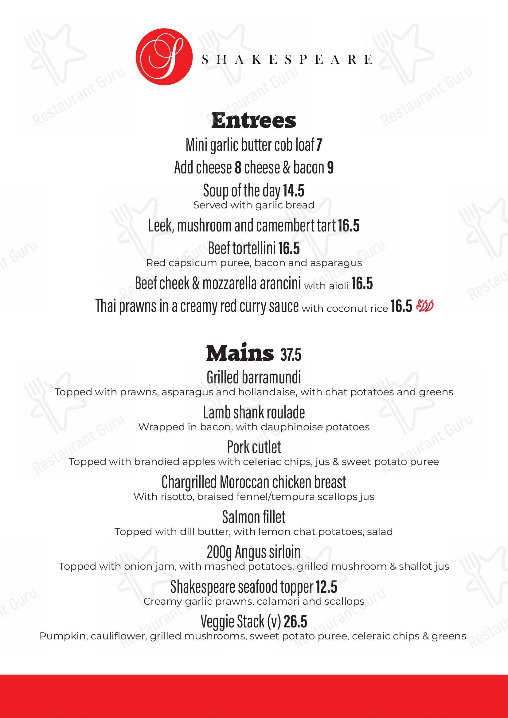 Menu at Shakespeare restaurant, Mackay