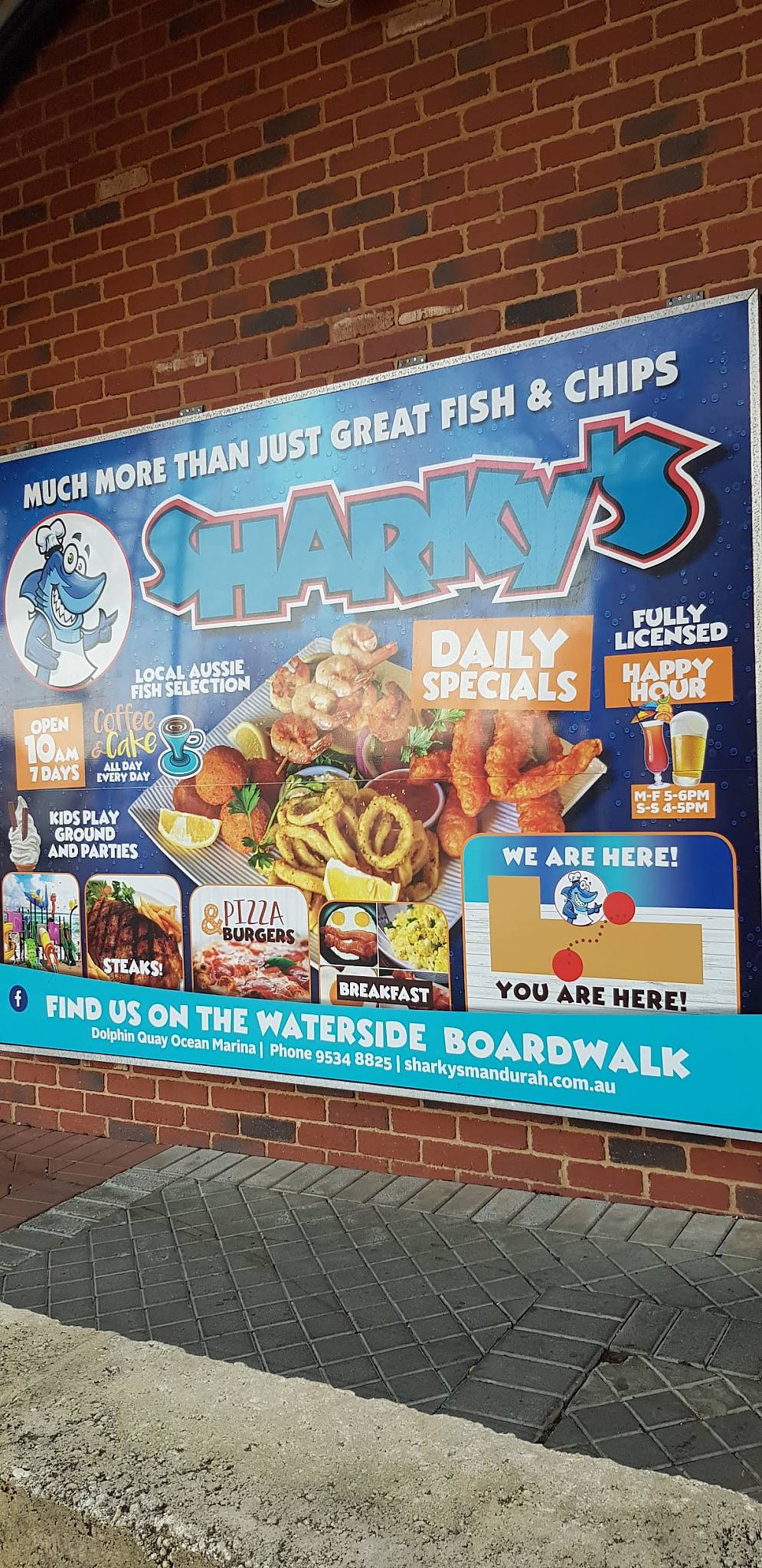 Menu at Sharky's Fish & Chips cafe, Mandurah