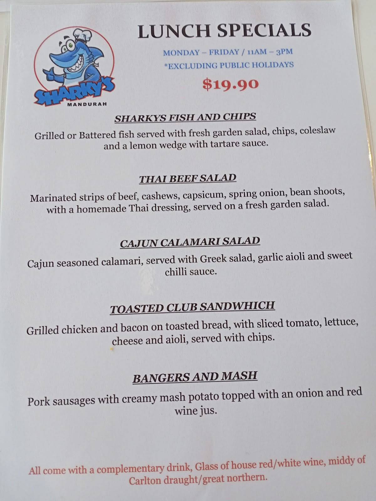 Menu at Sharky's Fish & Chips cafe, Mandurah
