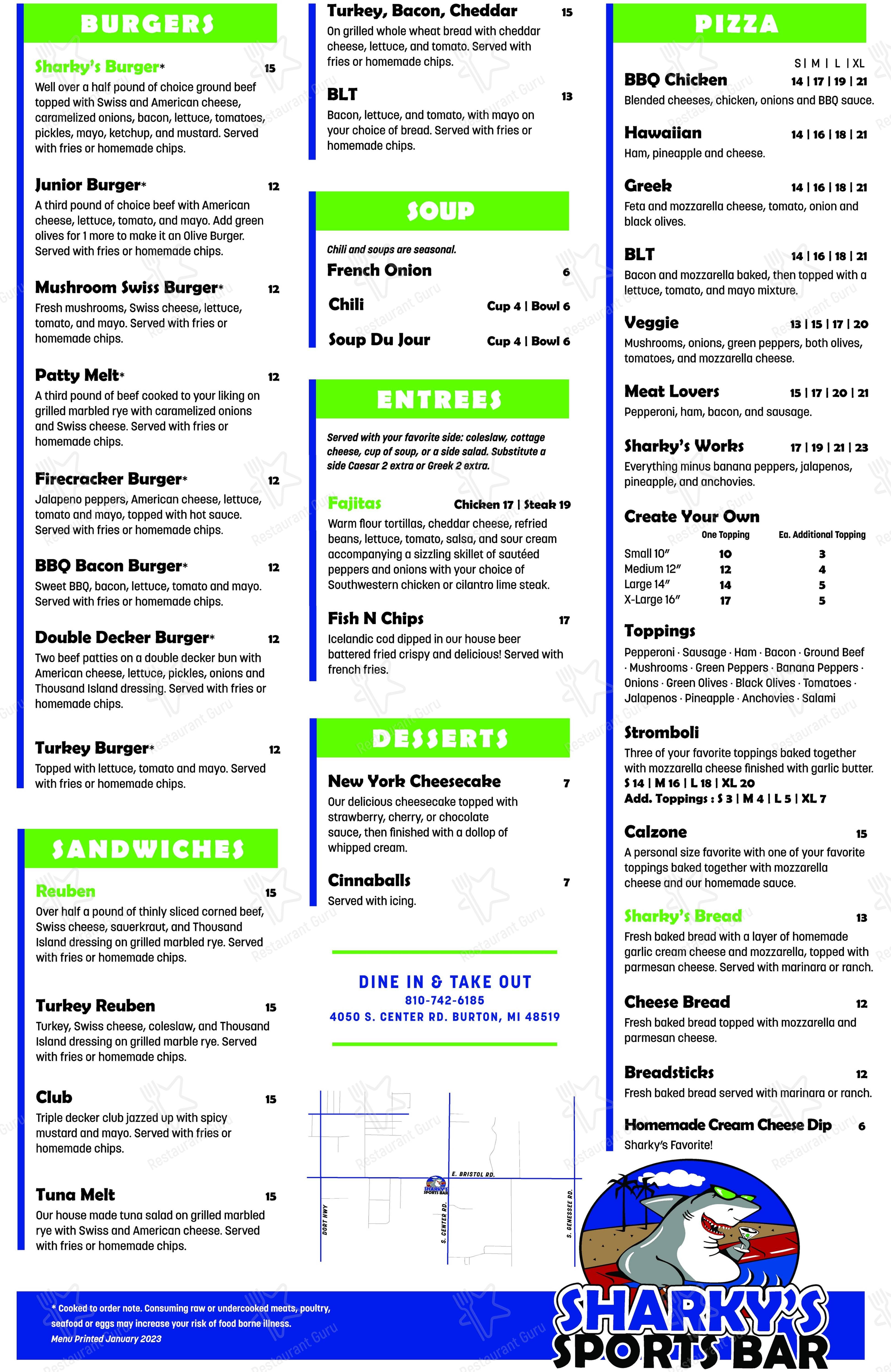 Menu at Sharky's Sports Bar, Burton